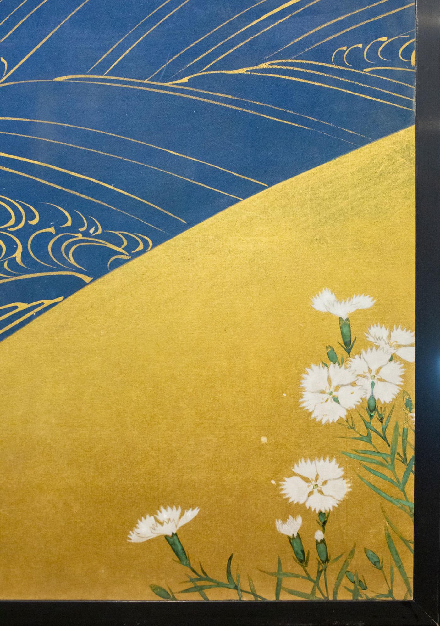 Japanese Two Panel Screen: Rimpa and Deco Style Painting of Flowers by ...