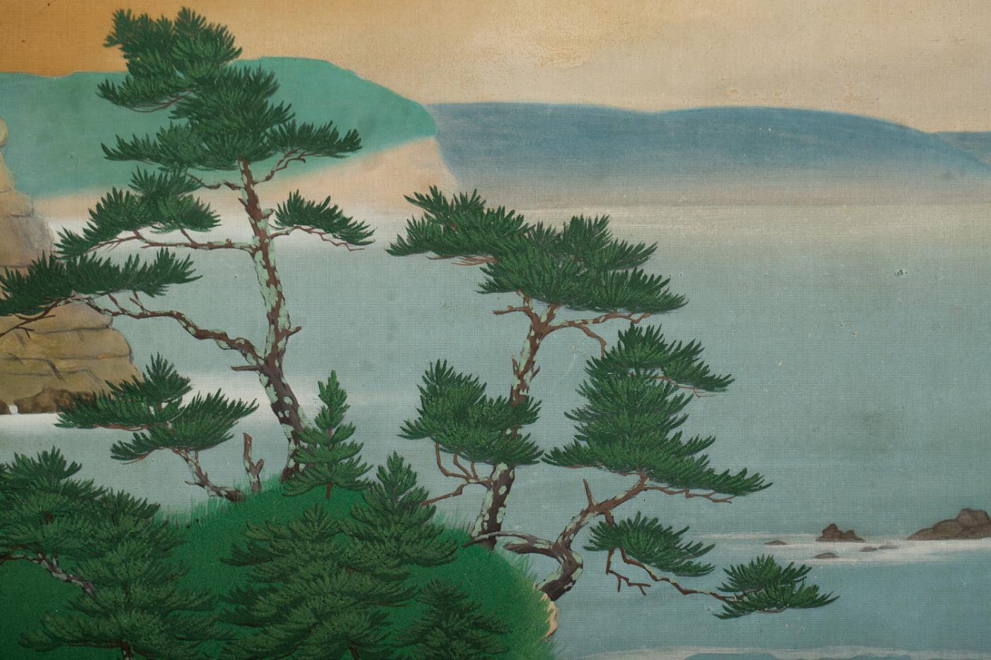 Japanese Two Panel Screen: Scene from Ainu Fishing Village (Northern ...