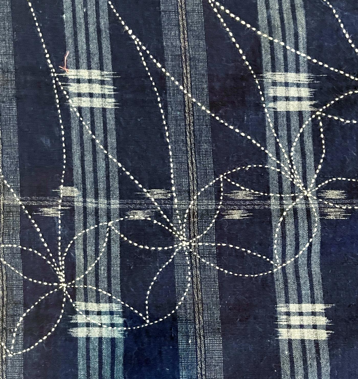 Japanese Vintage Indigo Woven Ikat Gasuri with Sashiko Textile Panel