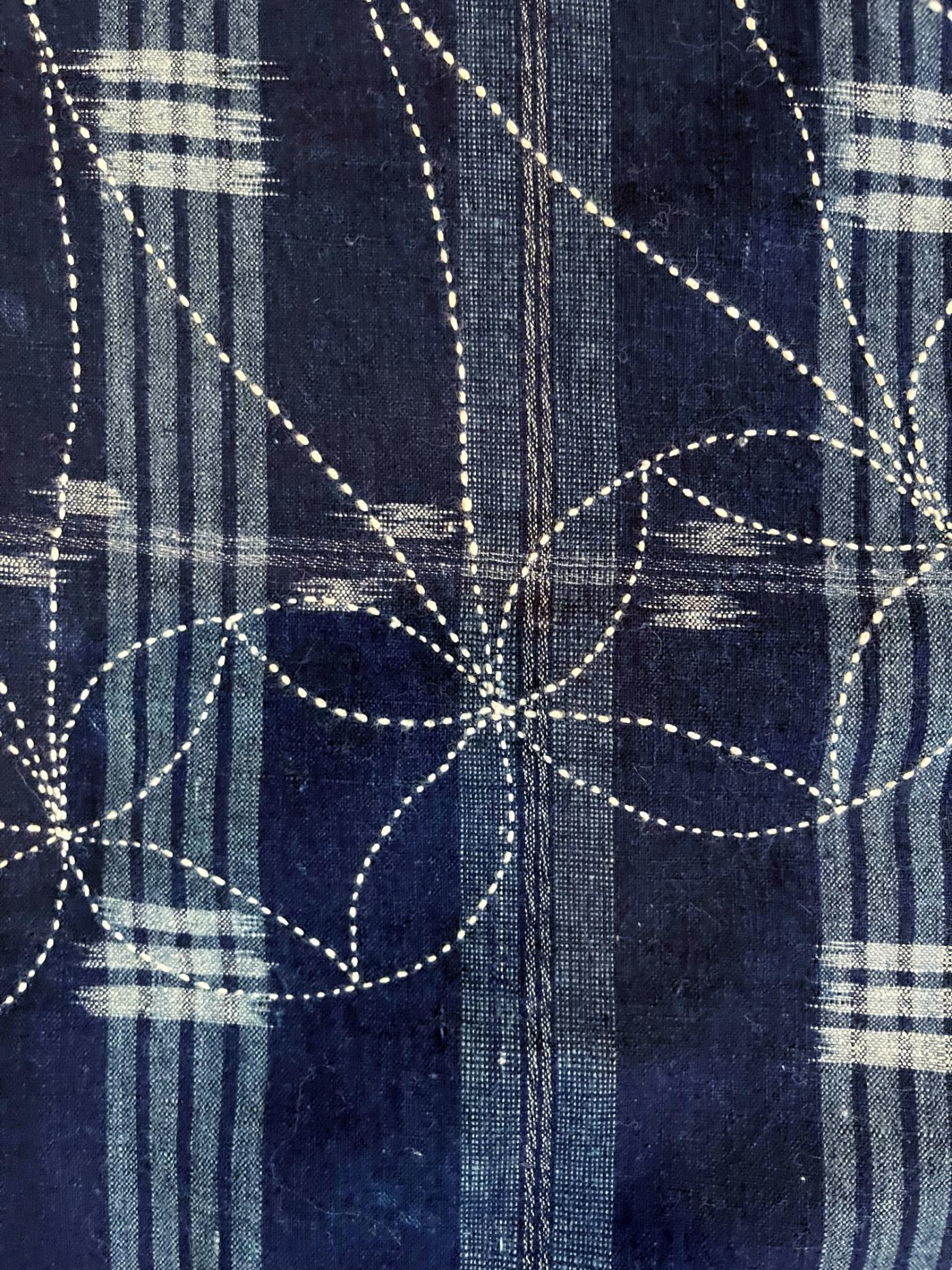 Japanese Vintage Indigo Woven Ikat Gasuri with Sashiko Textile Panel