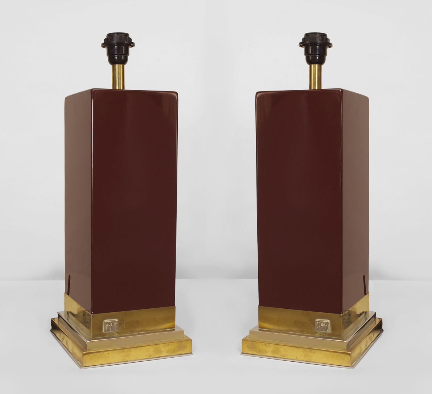 Jean Claude Mahey - Pair of Post-War Design Dark Maroon Lacquer Lamps
