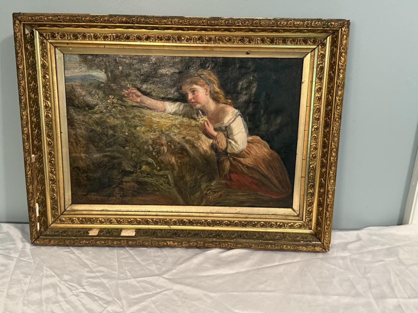 John Thomas Peele - GIRL ON PRIMROSE BANK OIL PAINTING BY JOHN THOMAS PEELE