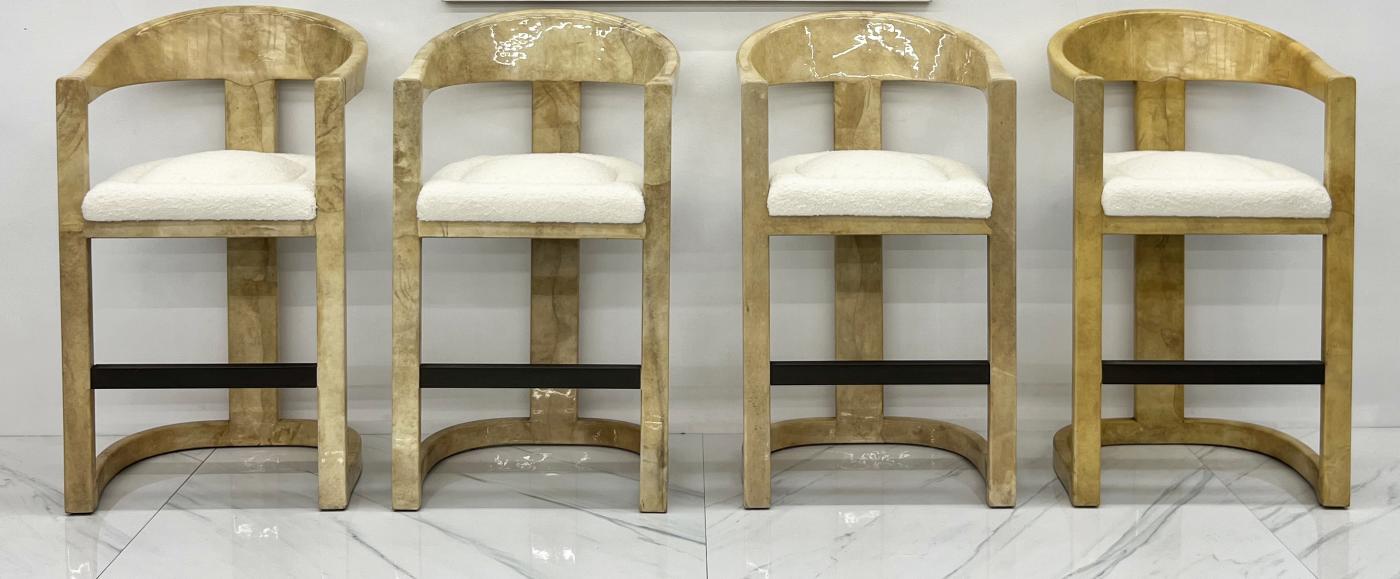 Karl Springer - Karl Springer Onassis Bar Stools, A Set of 4, Goatskin ...