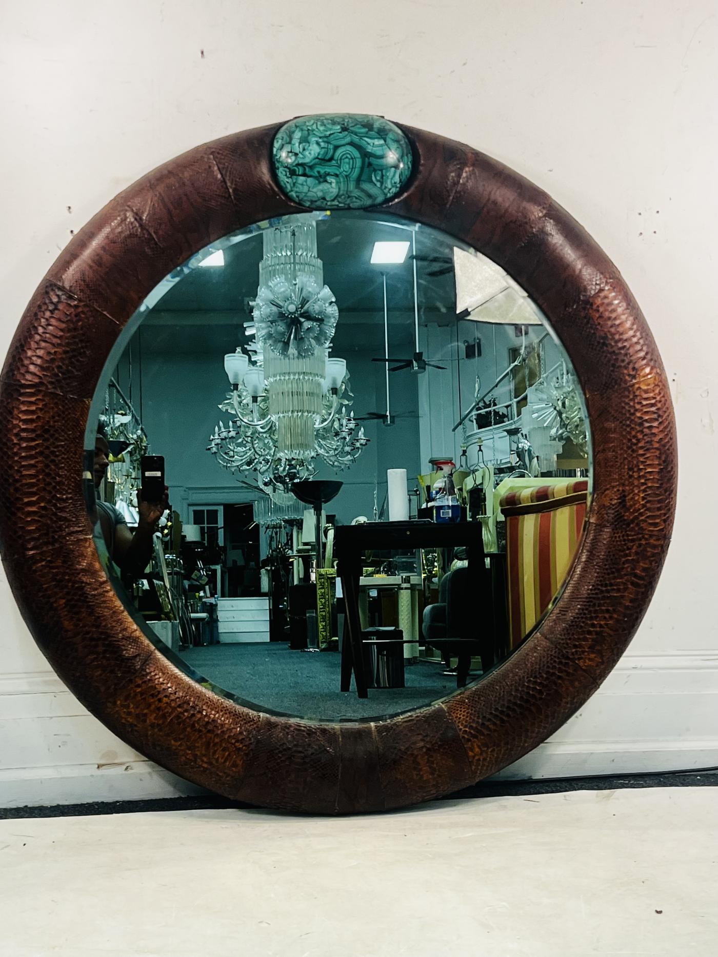 Karl Springer - MONUMENTAL SNAKESKIN AND MALACHITE ROUND MIRROR BY KARL ...