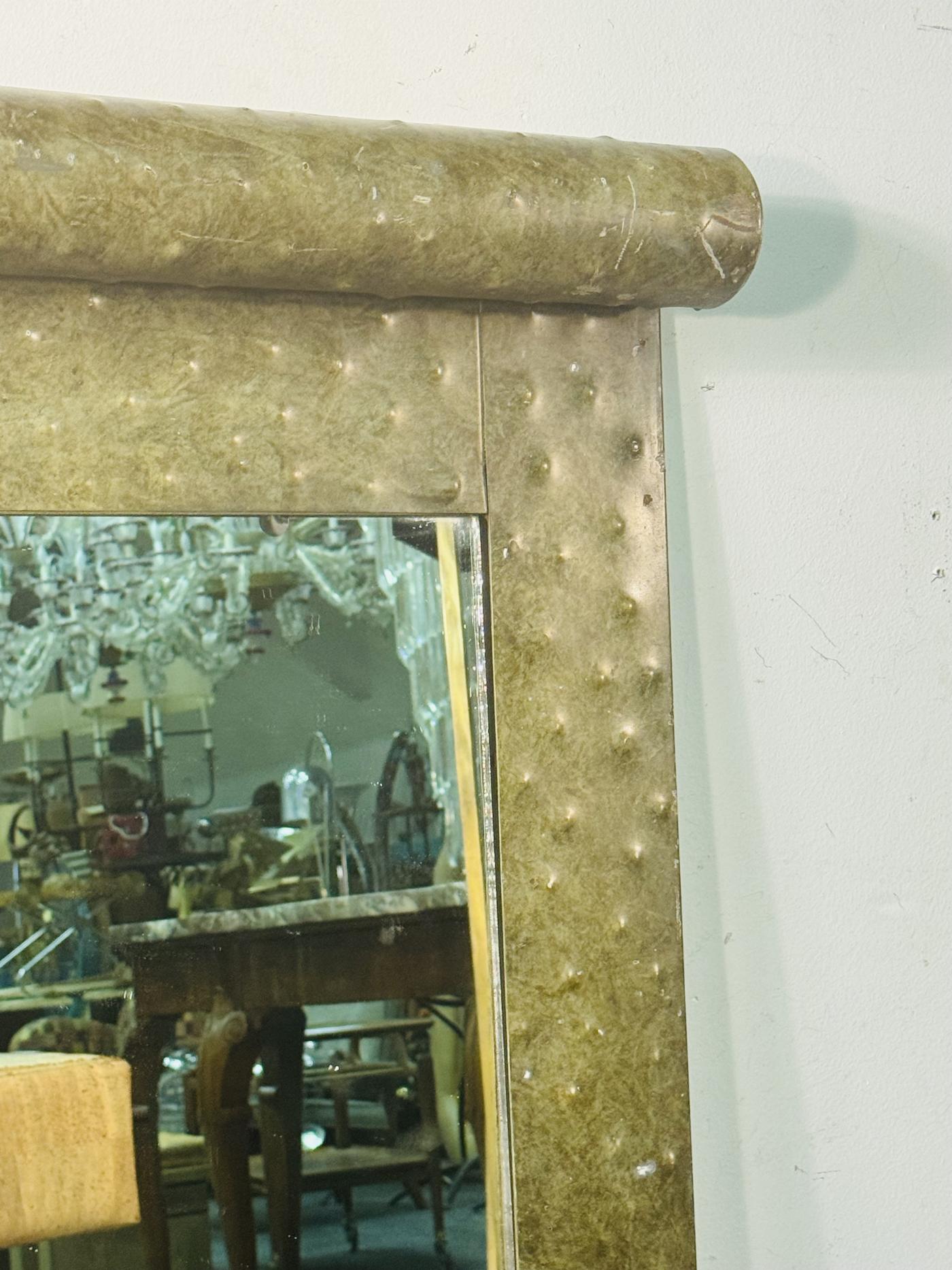 Karl Springer - SCROLL CAPPED POST MODERN OSTRICH SKIN DESIGN METAL MIRROR