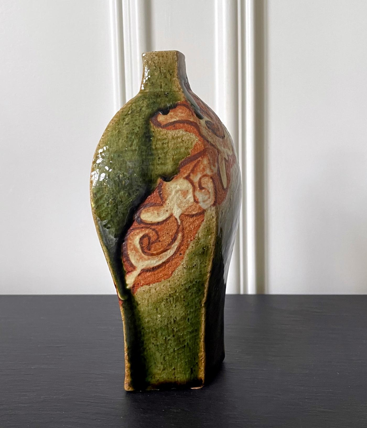 Ken Matsuzaki - Modern Japanese Studio Pottery Oribe Vase by Ken Matsuzaki