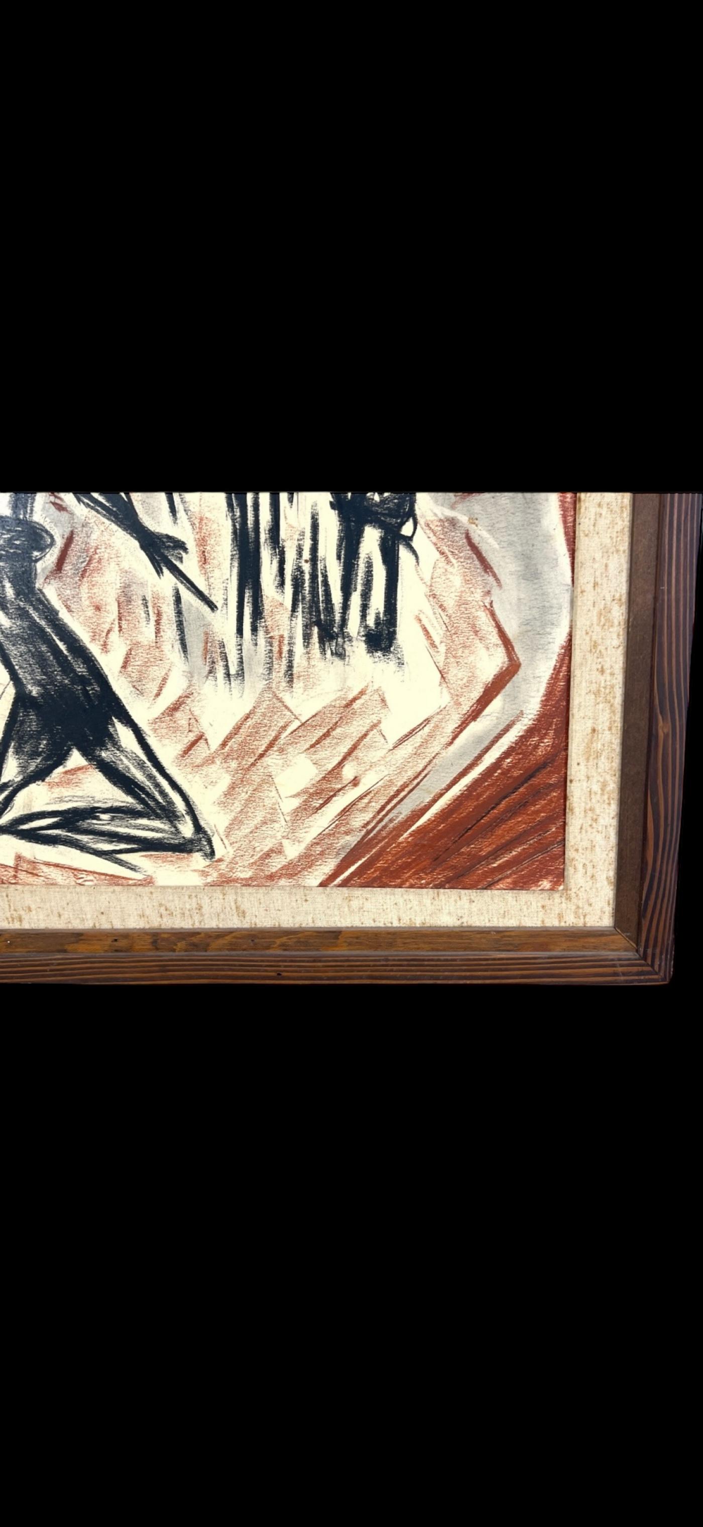 LARGE EXPRESSIONIST SIGNED MID CENTURY GRAPHITE PAINTING ON BOARD-1953