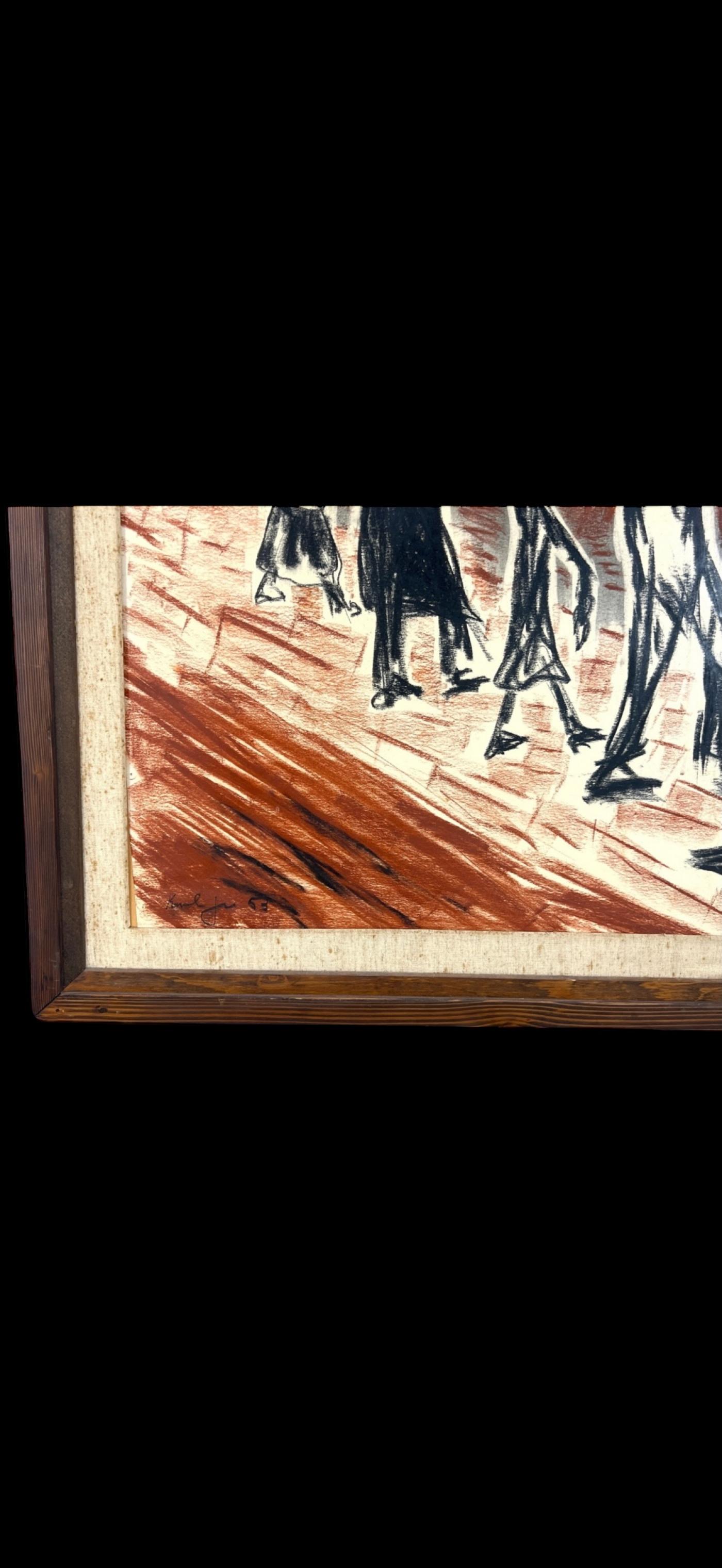 LARGE EXPRESSIONIST SIGNED MID CENTURY GRAPHITE PAINTING ON BOARD-1953