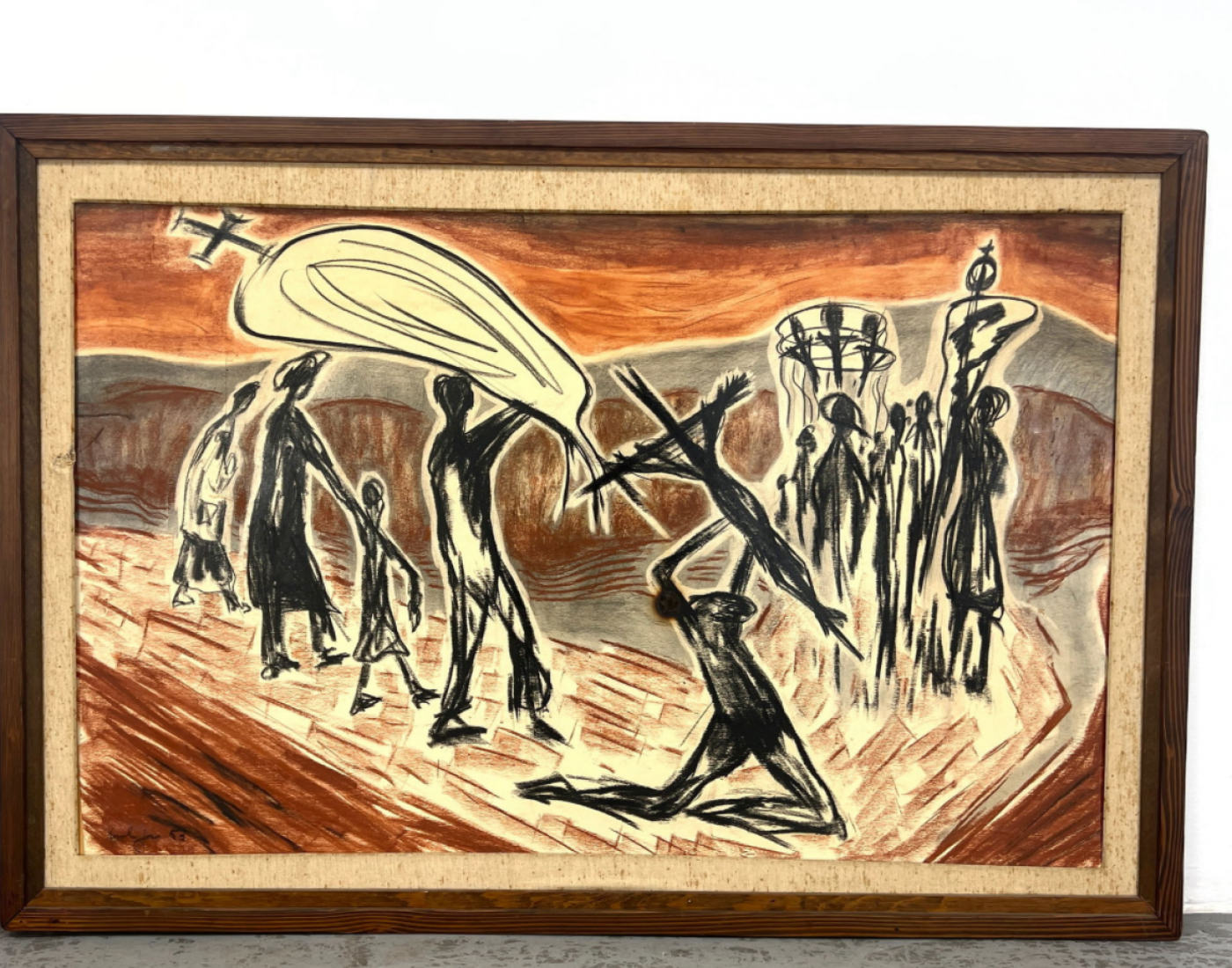 LARGE EXPRESSIONIST SIGNED MID CENTURY GRAPHITE PAINTING ON BOARD-1953