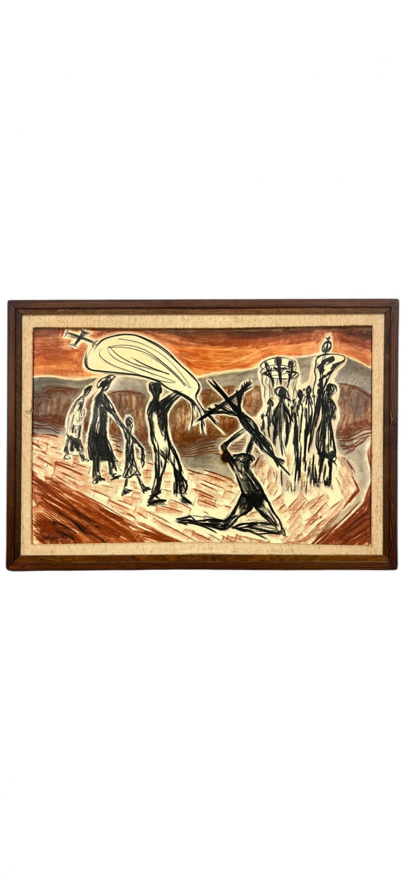 LARGE EXPRESSIONIST SIGNED MID CENTURY GRAPHITE PAINTING ON BOARD-1953