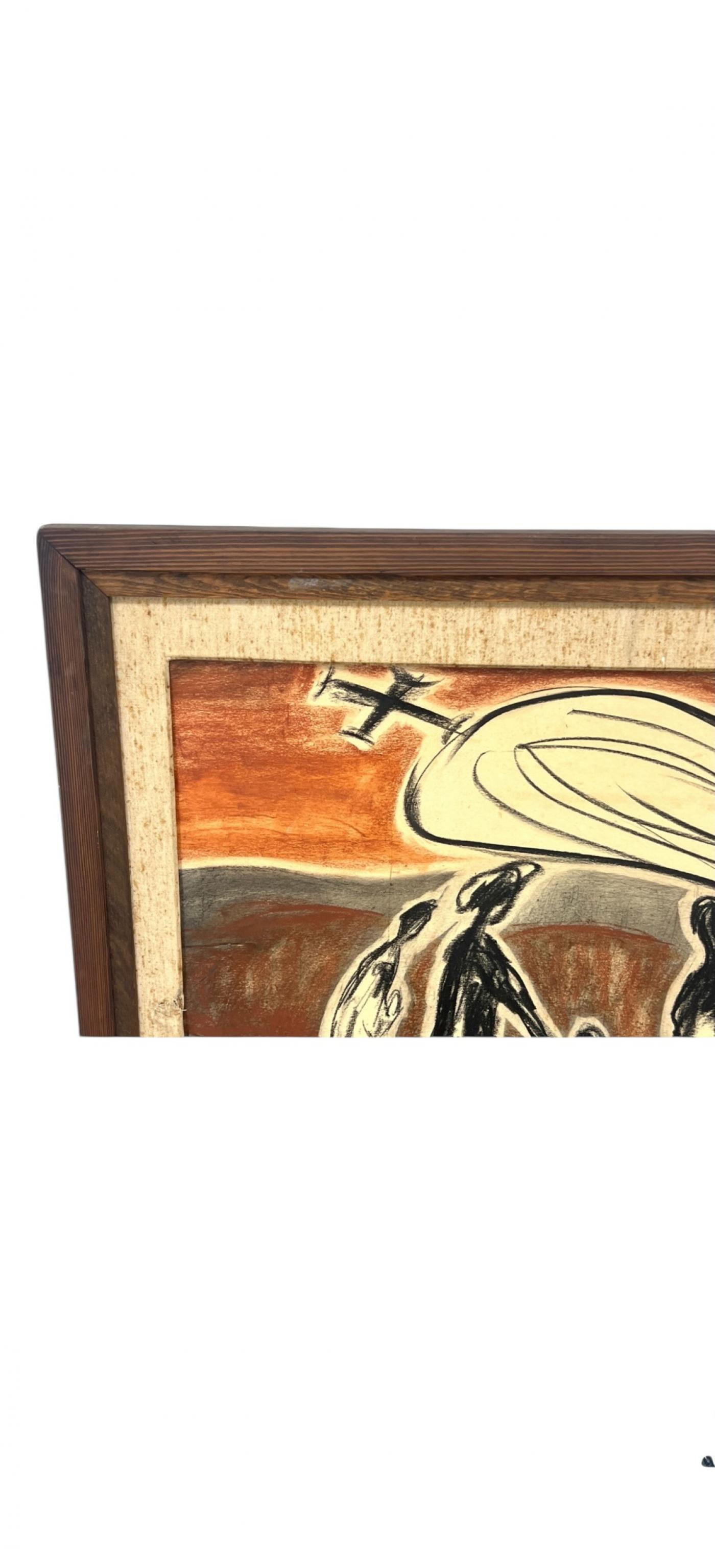 LARGE EXPRESSIONIST SIGNED MID CENTURY GRAPHITE PAINTING ON BOARD-1953