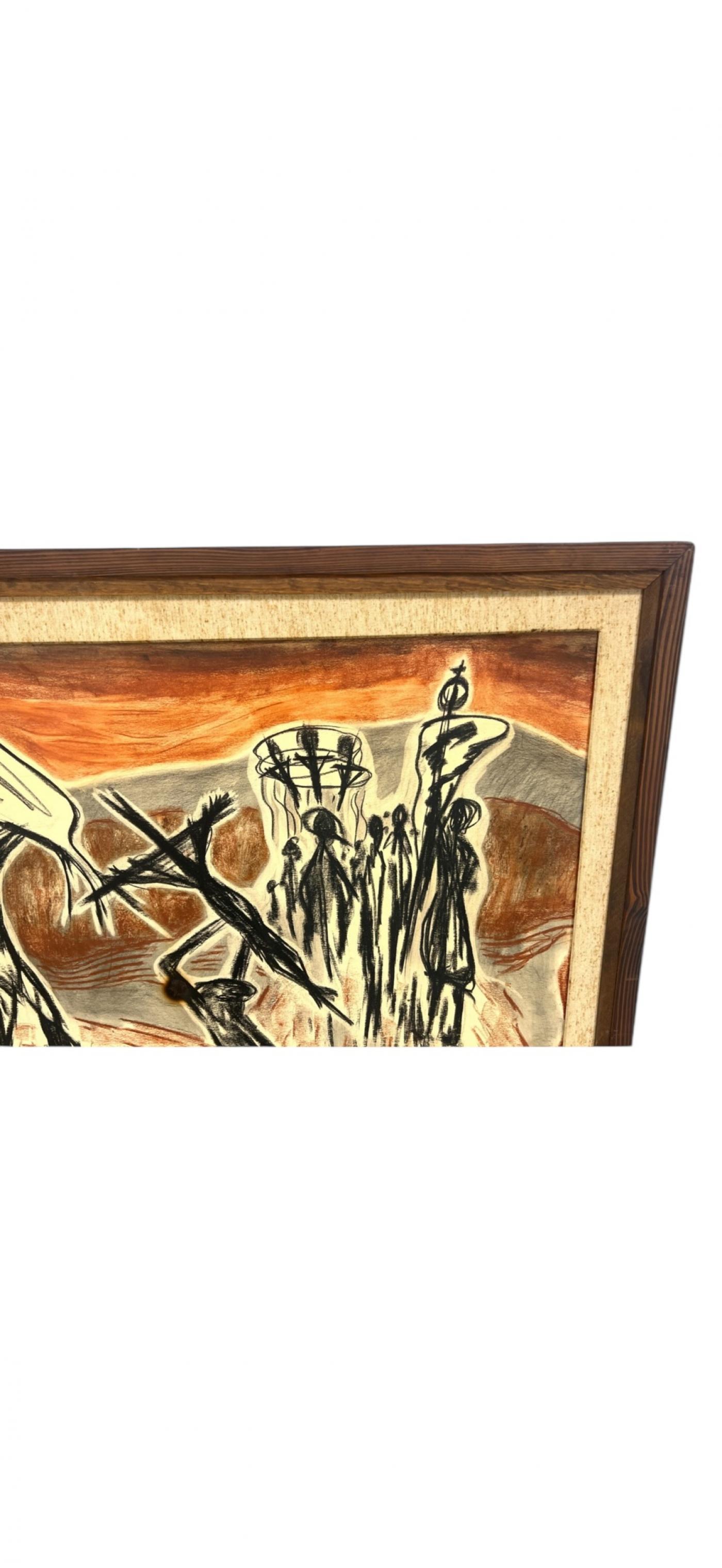 LARGE EXPRESSIONIST SIGNED MID CENTURY GRAPHITE PAINTING ON BOARD-1953