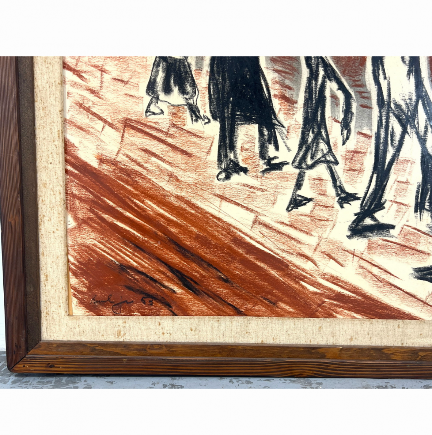 LARGE EXPRESSIONIST SIGNED MID CENTURY GRAPHITE PAINTING ON BOARD-1953