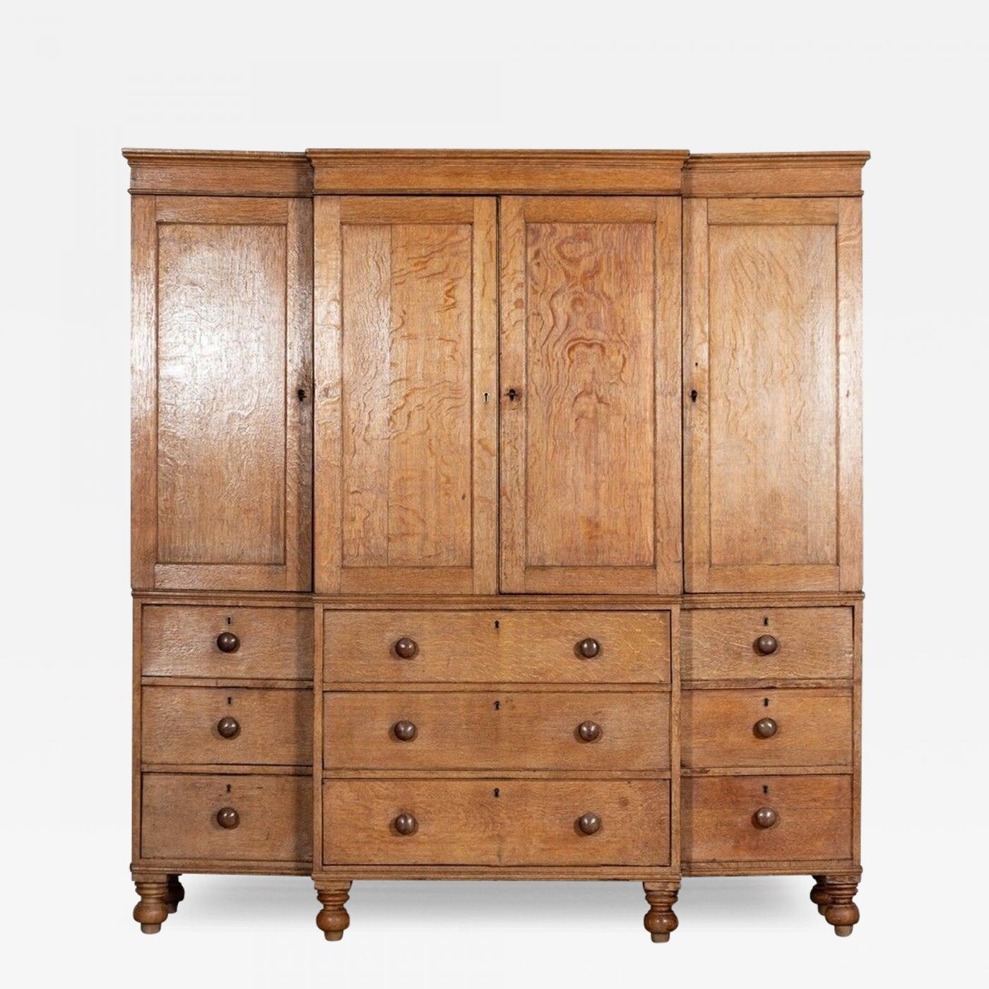 Large 19thC English Oak Breakfront Linen Press
