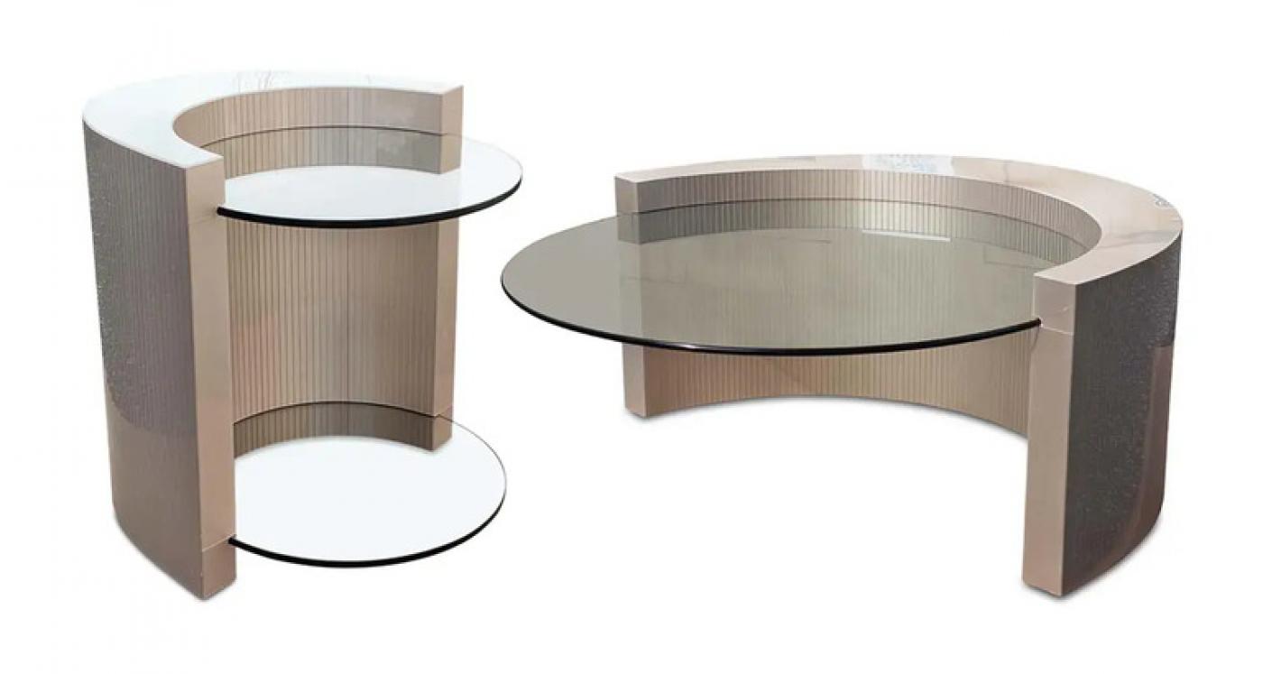 Large Crescent Moon Shaped Wood Lucite and Glass Coffee Table Circular Top