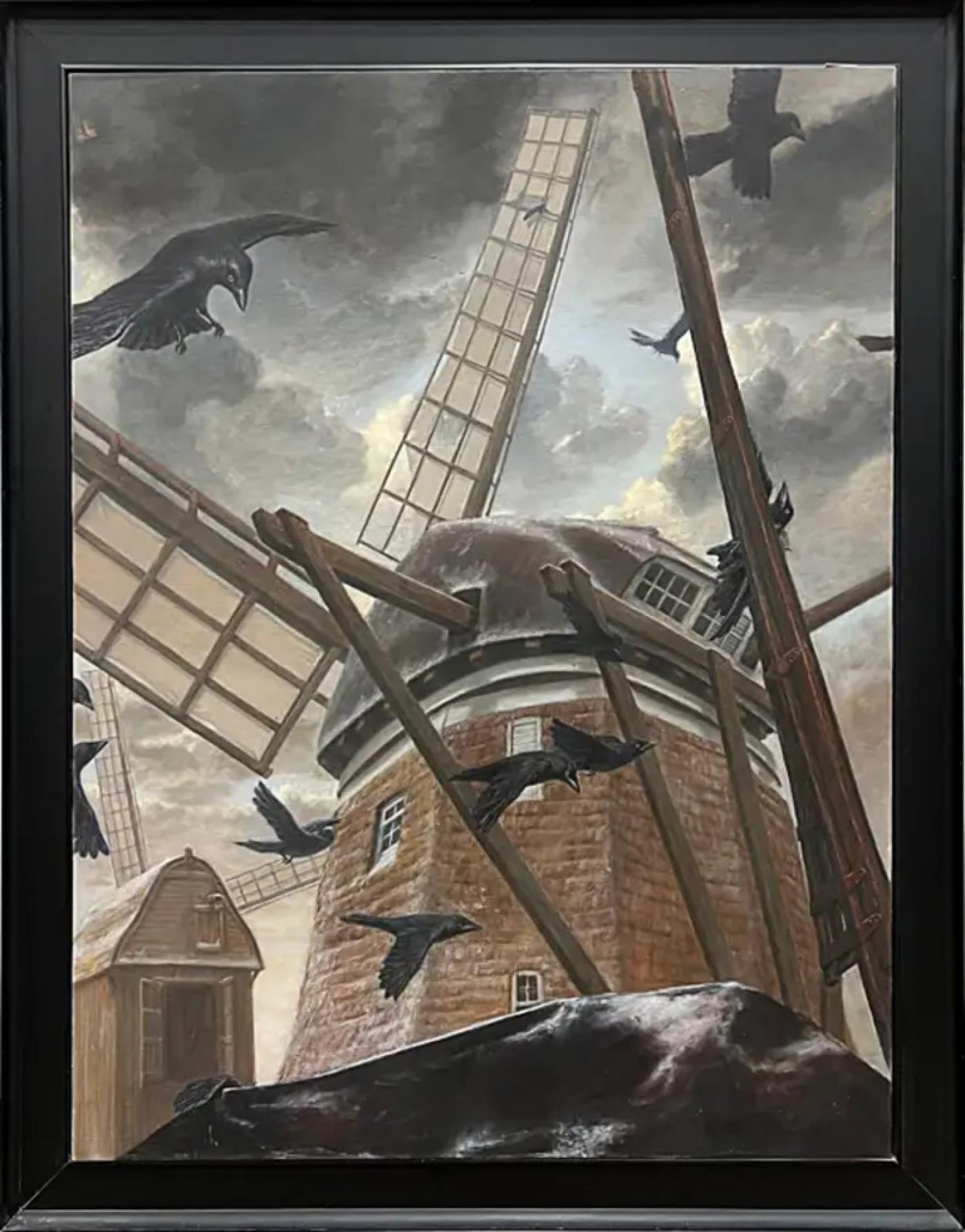 Large Dutch Windmill Oil Painting with Crows Signed Valentin, 1987