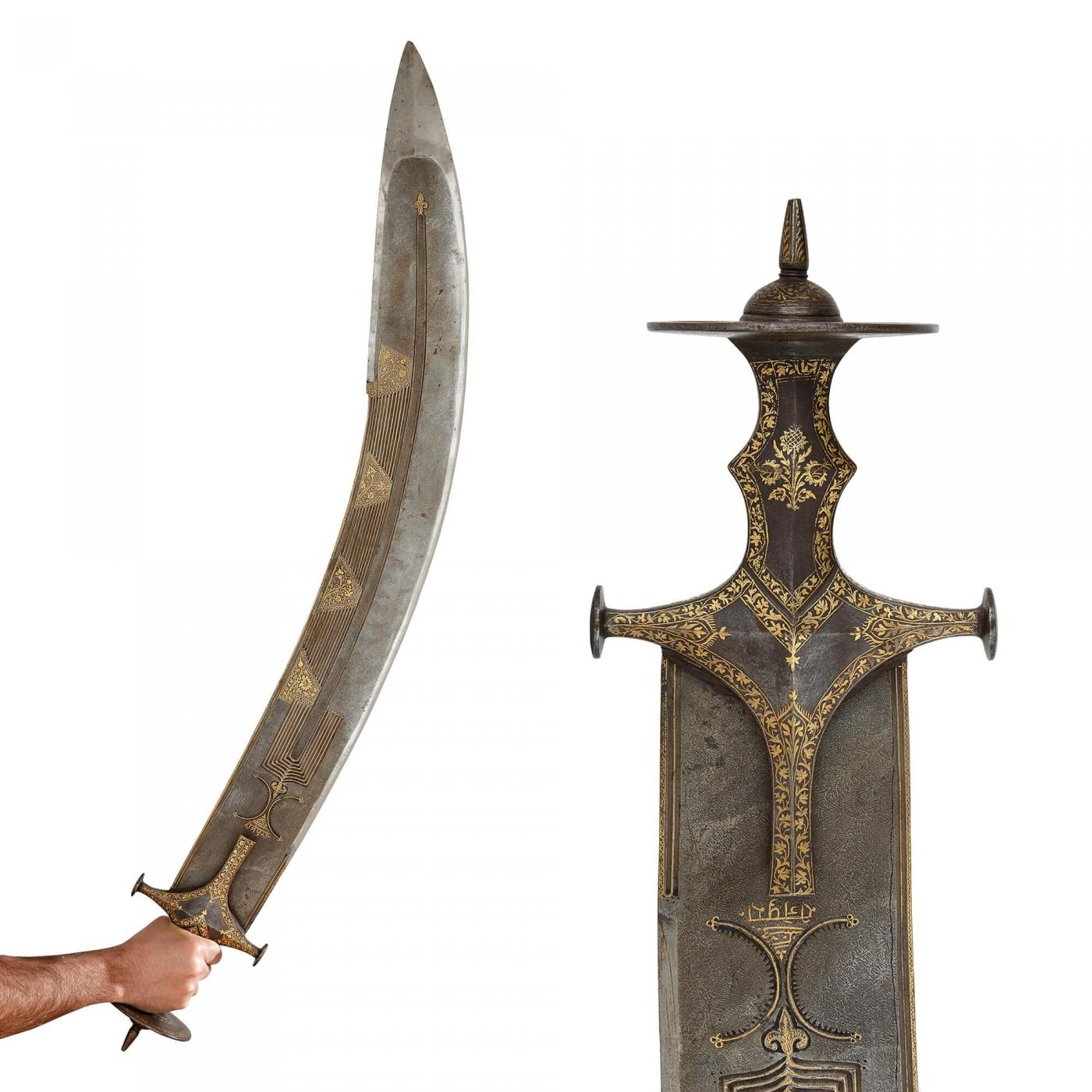 Large Indian gold damascened steel tegha sword