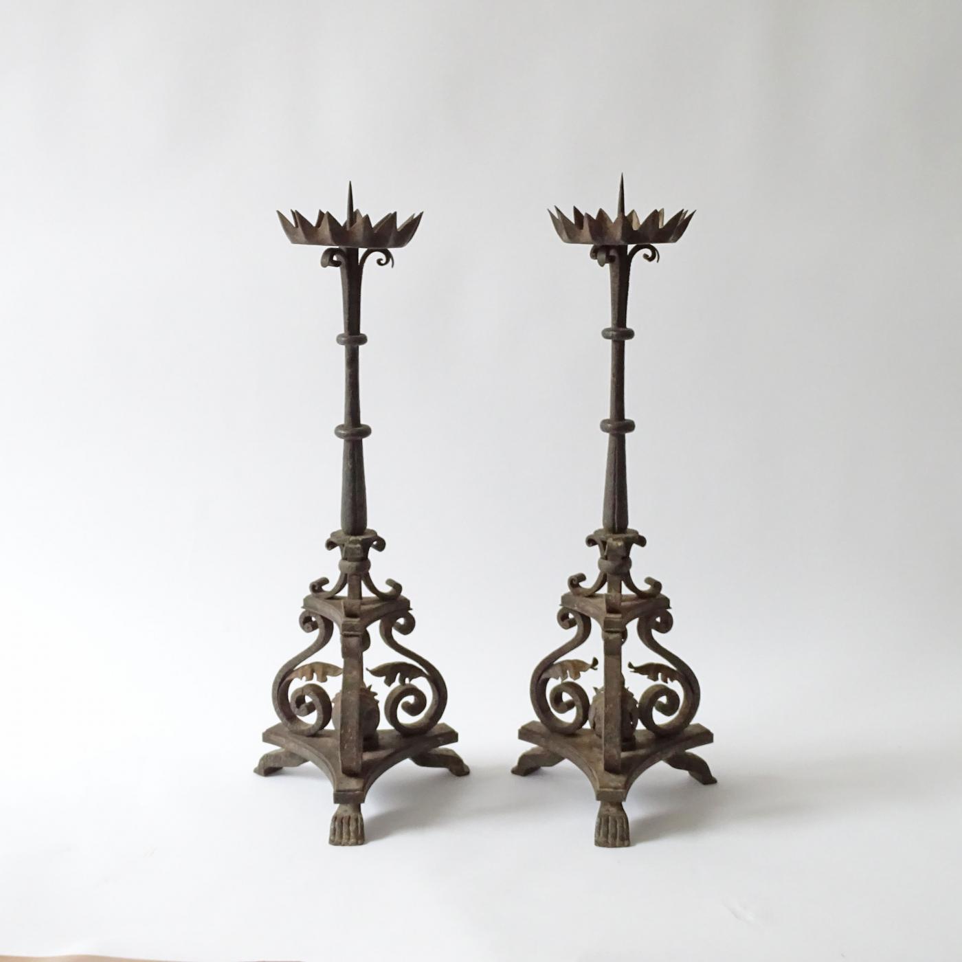 Large Italian 19th Century Hand Crafted Wrought Iron Candlesticks