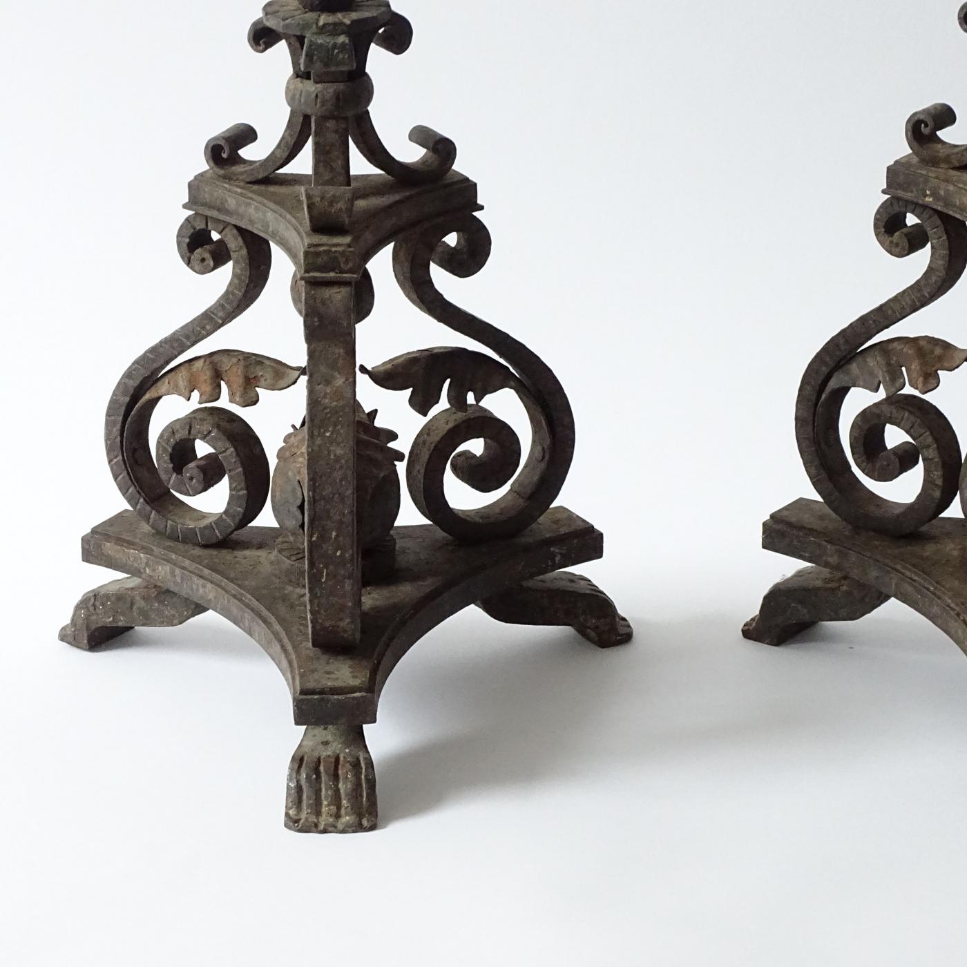 Large Italian 19th Century Hand Crafted Wrought Iron Candlesticks