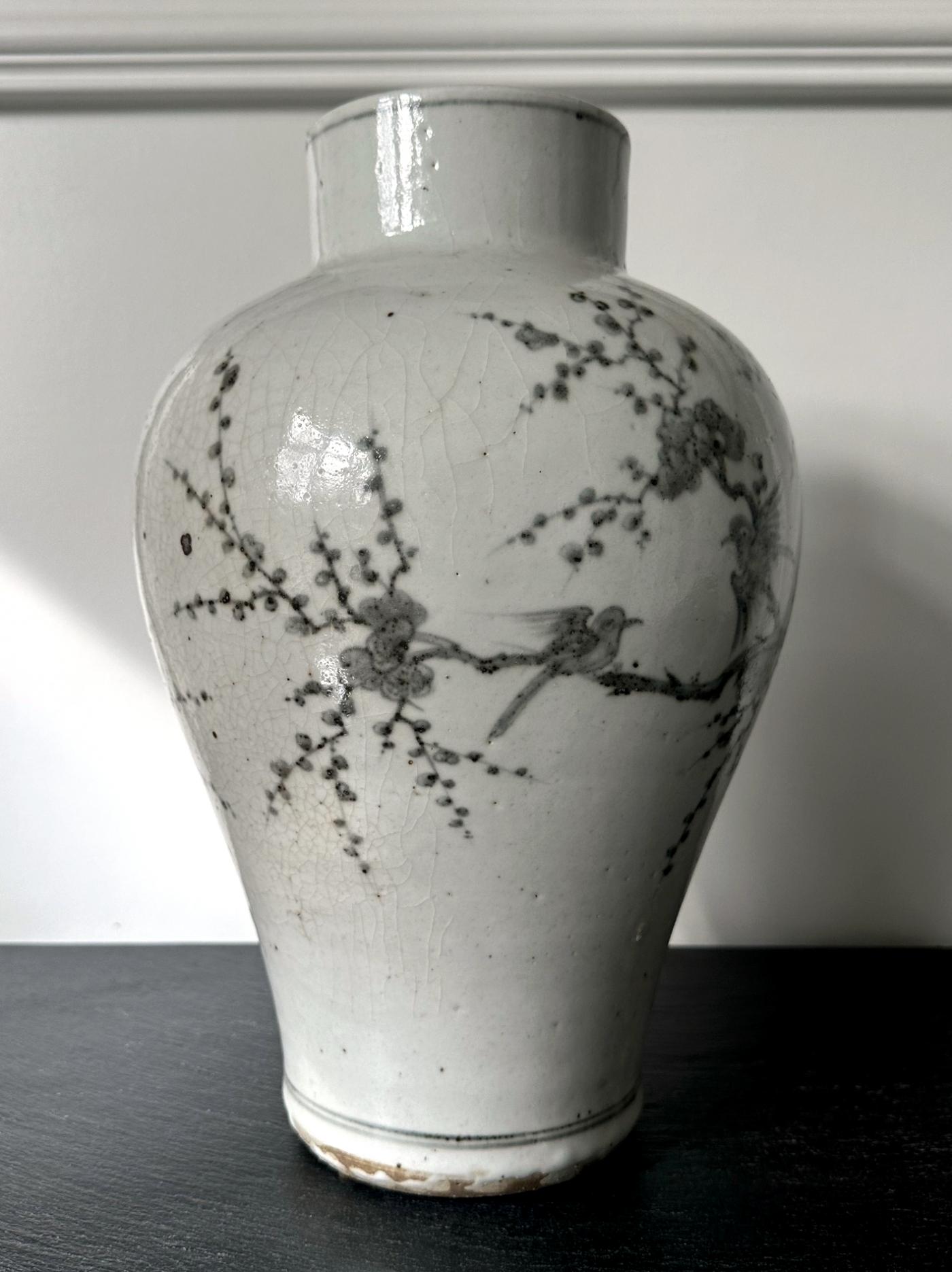 Large Korean Ceramic Jar with Magpies and Plum Design Joseon Dynasty