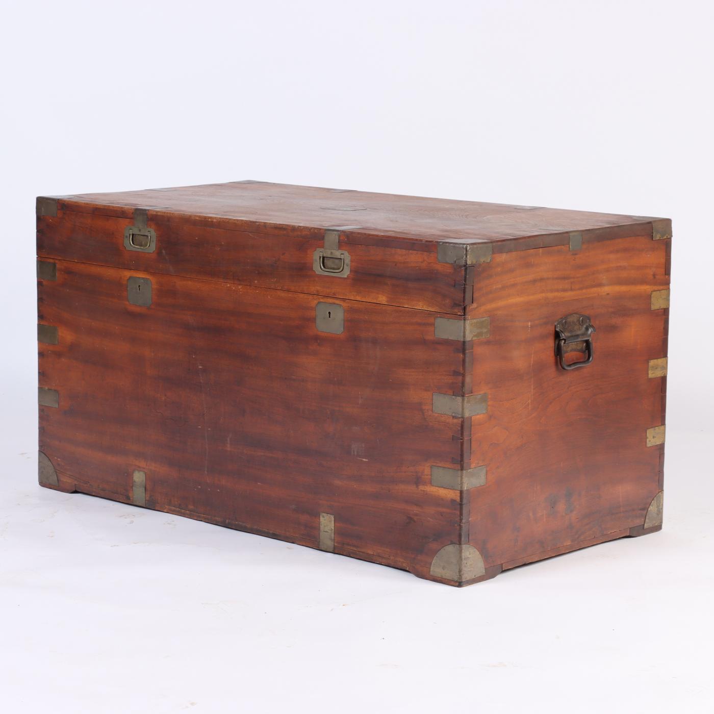 Large Marine Chest / Campaign Chest in Camphor Wood from the 19th Century