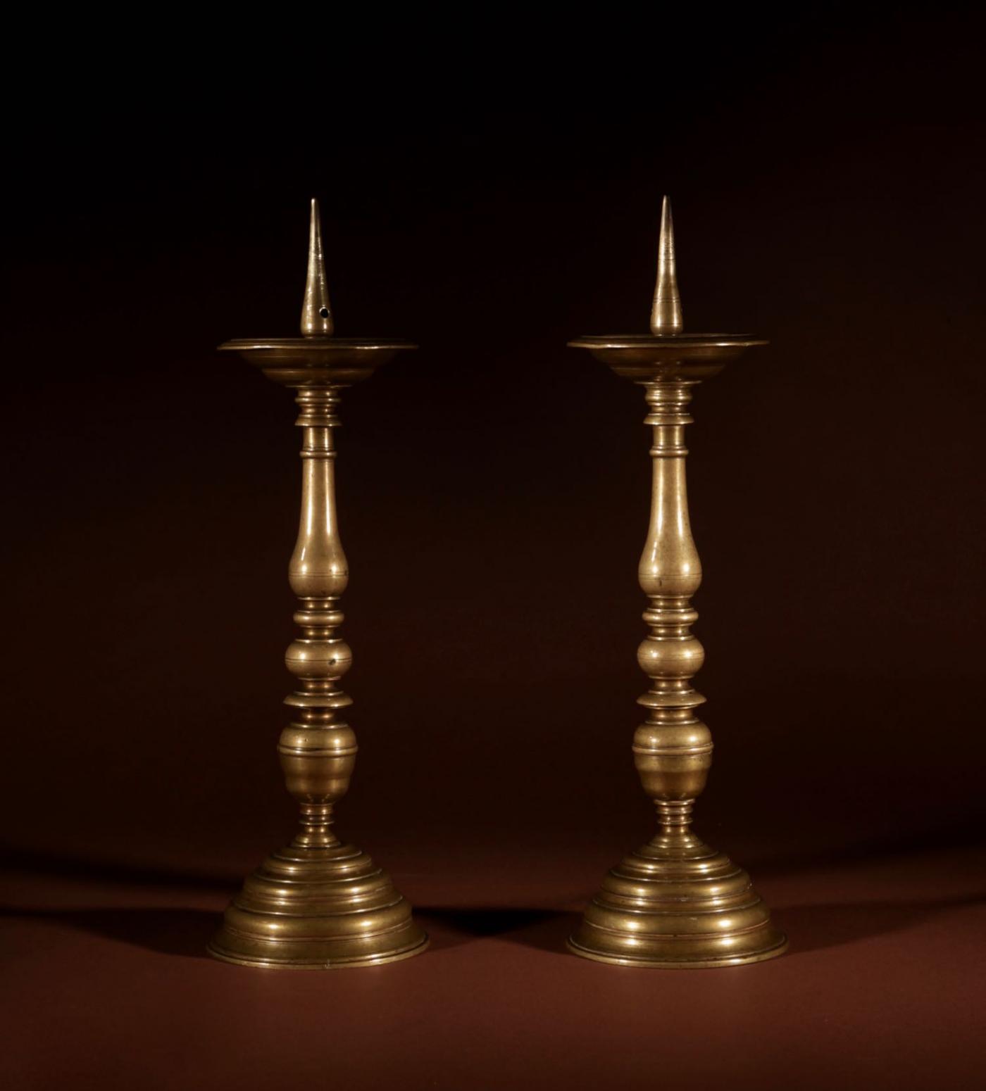 Large Pair Of 17th Century Bronze Candlesticks Netherlandish Circa 1650.