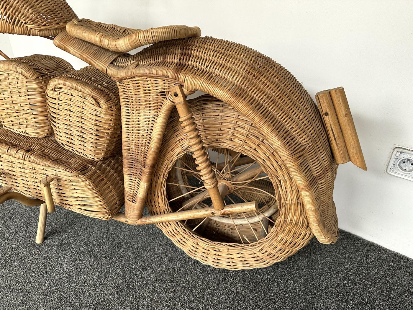 Large Rattan Decorative Motorcycle Sculpture. Italy, 1980s