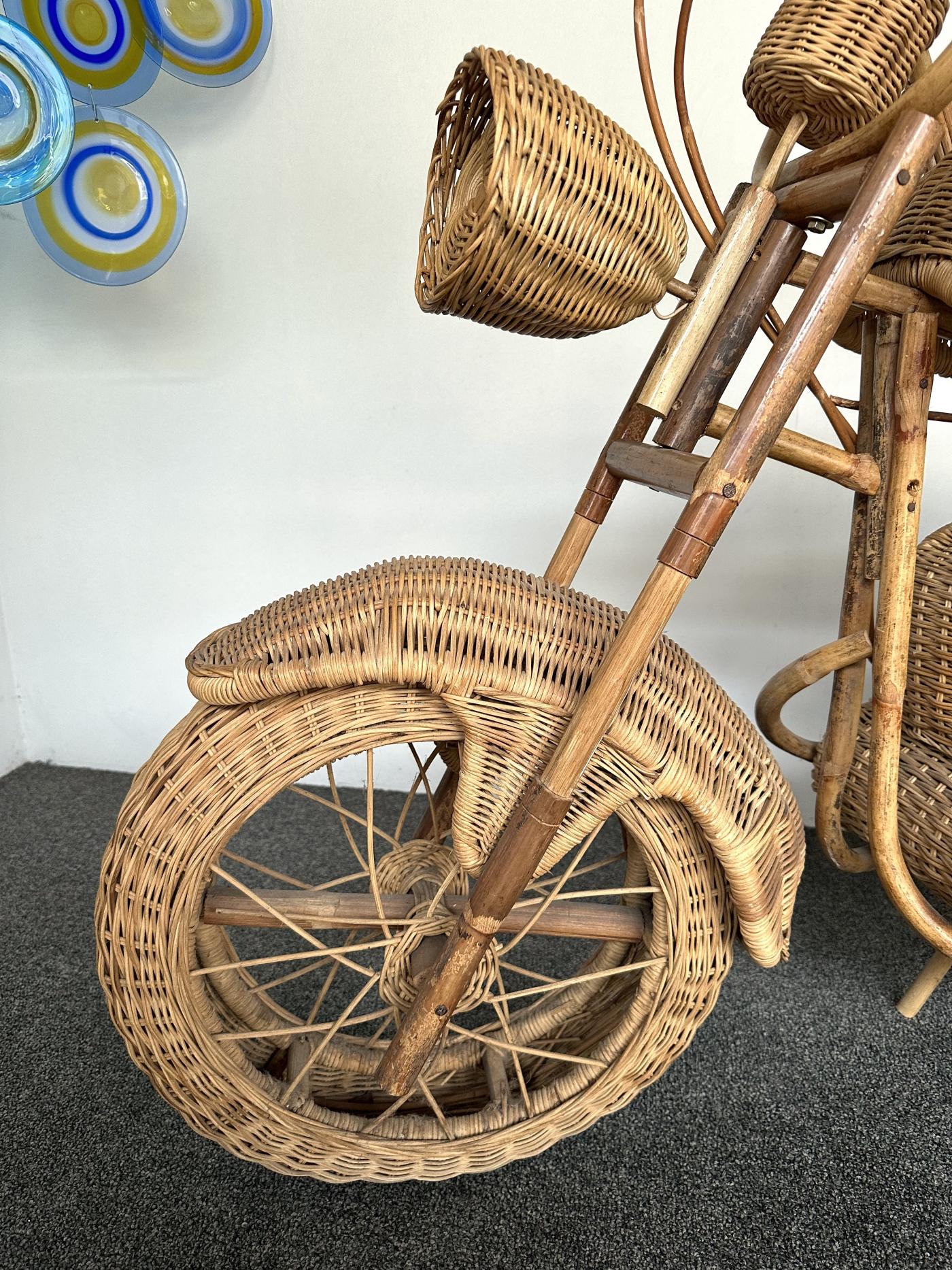 Large Rattan Decorative Motorcycle Sculpture. Italy, 1980s