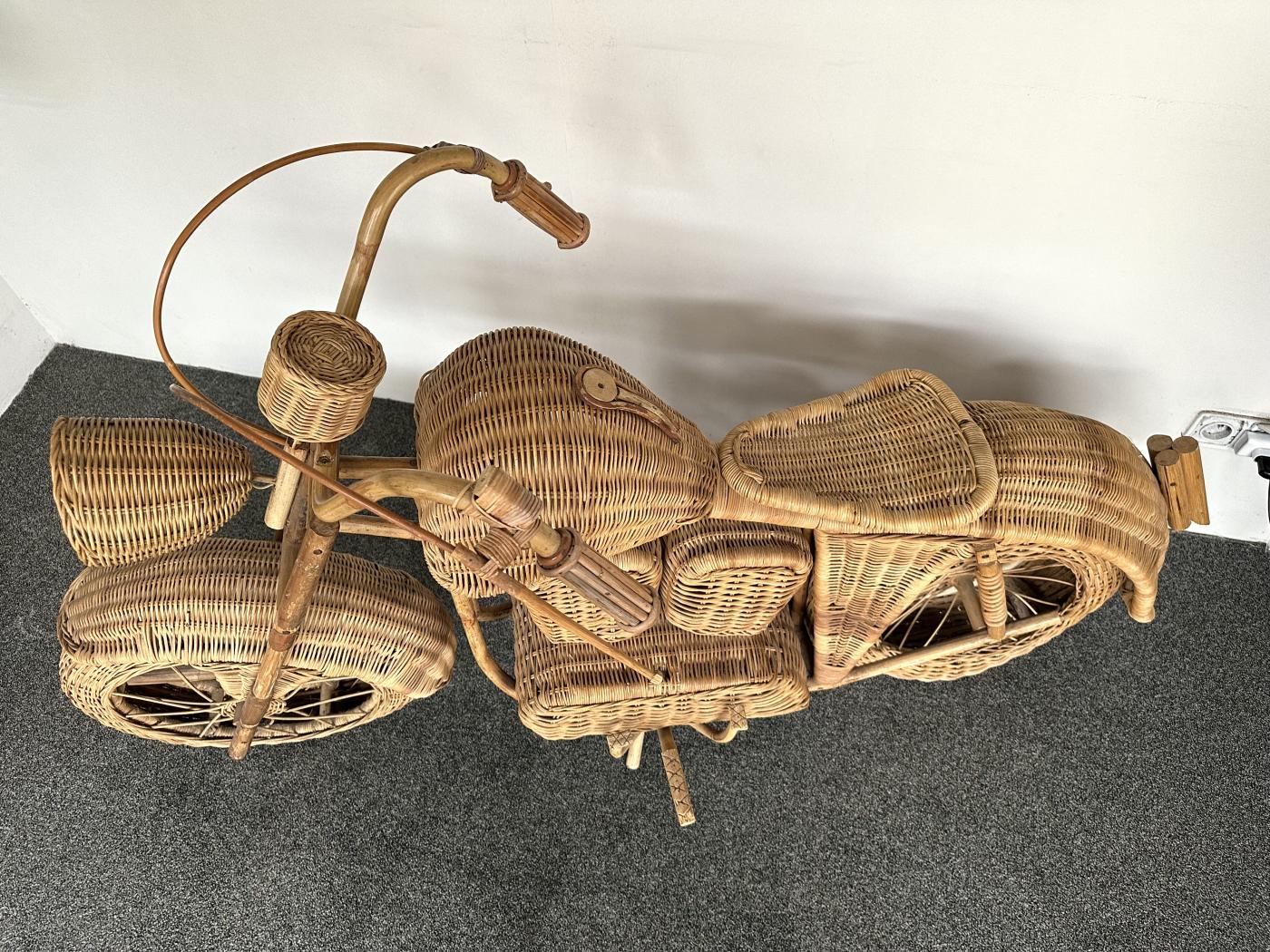Large Rattan Decorative Motorcycle Sculpture. Italy, 1980s