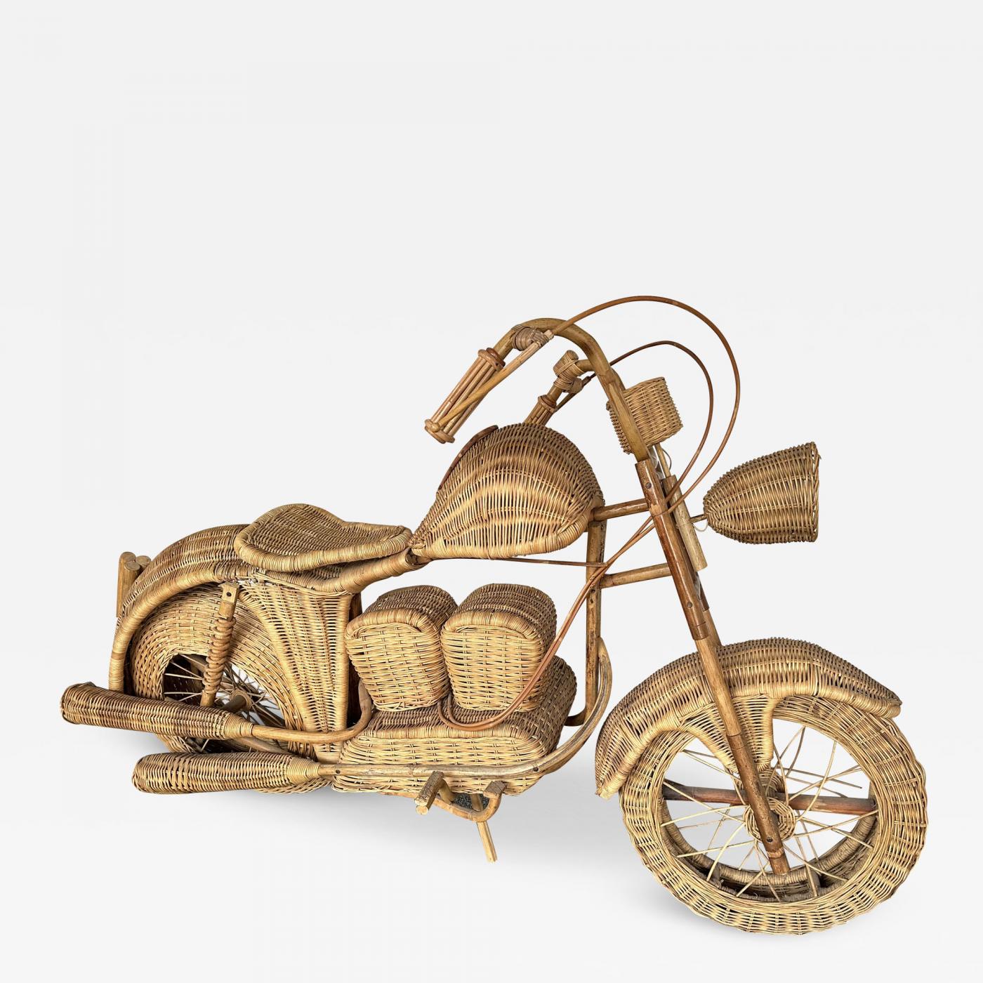 Large Rattan Decorative Motorcycle Sculpture. Italy, 1980s