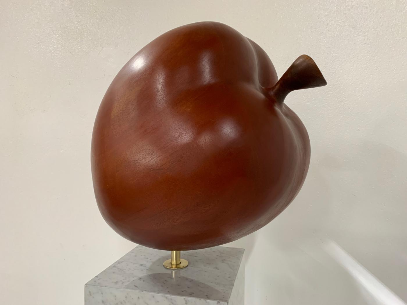 Large-Scale Teak Apple Sculpture on Carrara Marble Pedestal