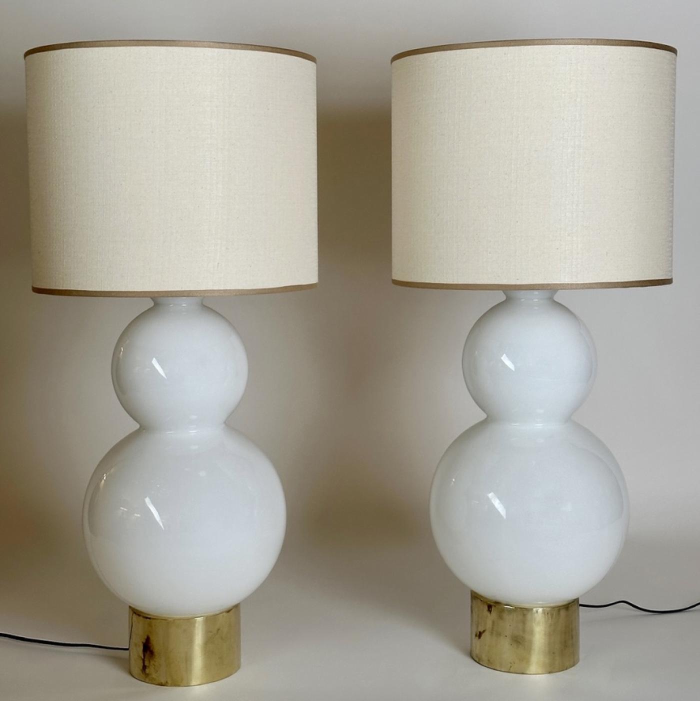 Late 20th Century Pair of Brass & White Blown Glass "Snowman" Table Lamps