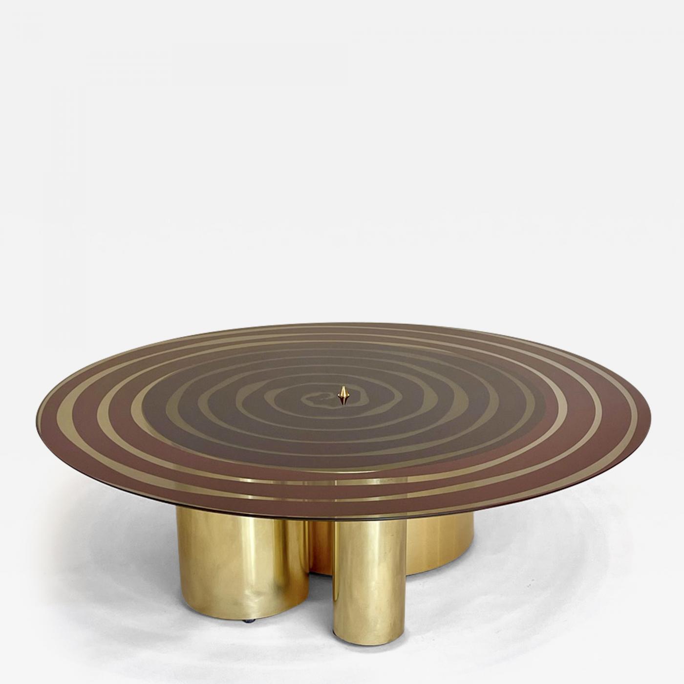 Late 20th Century Round Red Retro Painted Glass w/ Brass Basement Coffe ...