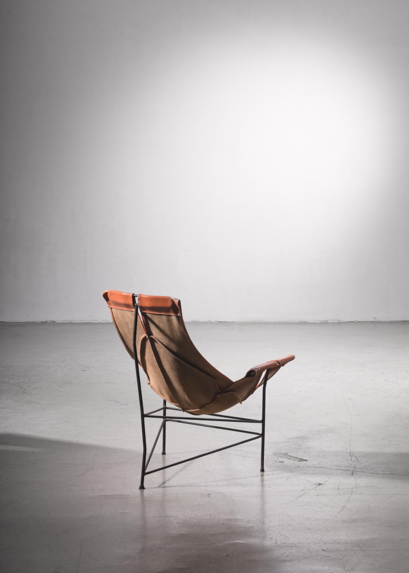 Leathercrafter Sling Chair in Brown Leather on Tri-Leg Base