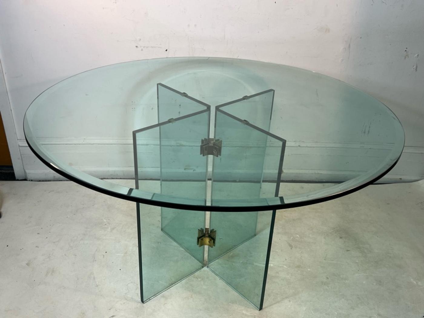 Leon Rosen - MODERNIST GLASS AND BRASS PACE X BASE DINING TABLE