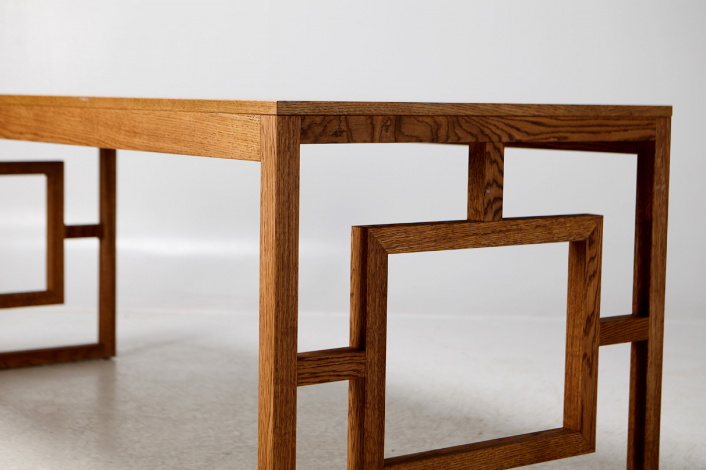 Long Oak Desk Table with Side Geometrical Design
