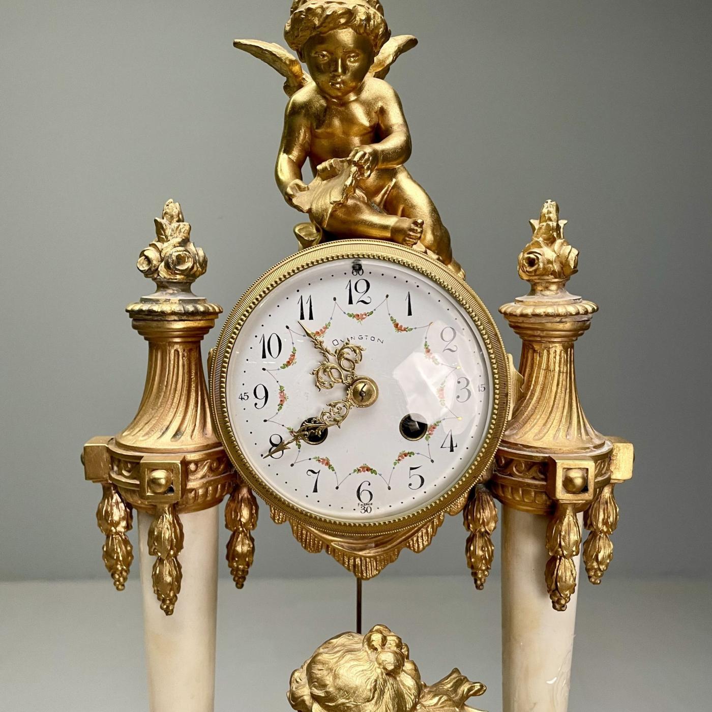Louis XVI Style, Clock Garniture, Gilt Bronze, Marble, France, 1920s