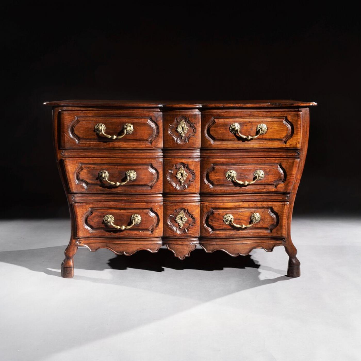 MID 18TH CENTURY LOUIS XV BOMBE SHAPED CHESTNUT PROVINCIAL COMMODE
