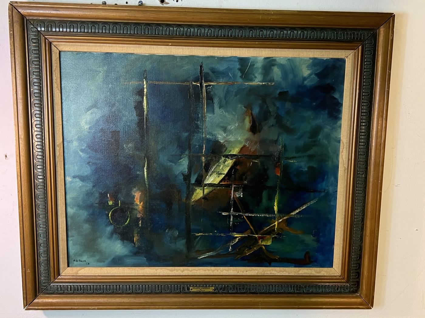 MID CENTURY MODERNIST TITLED 'GOLDEN EARRING' BOAT SLIP PAINTING