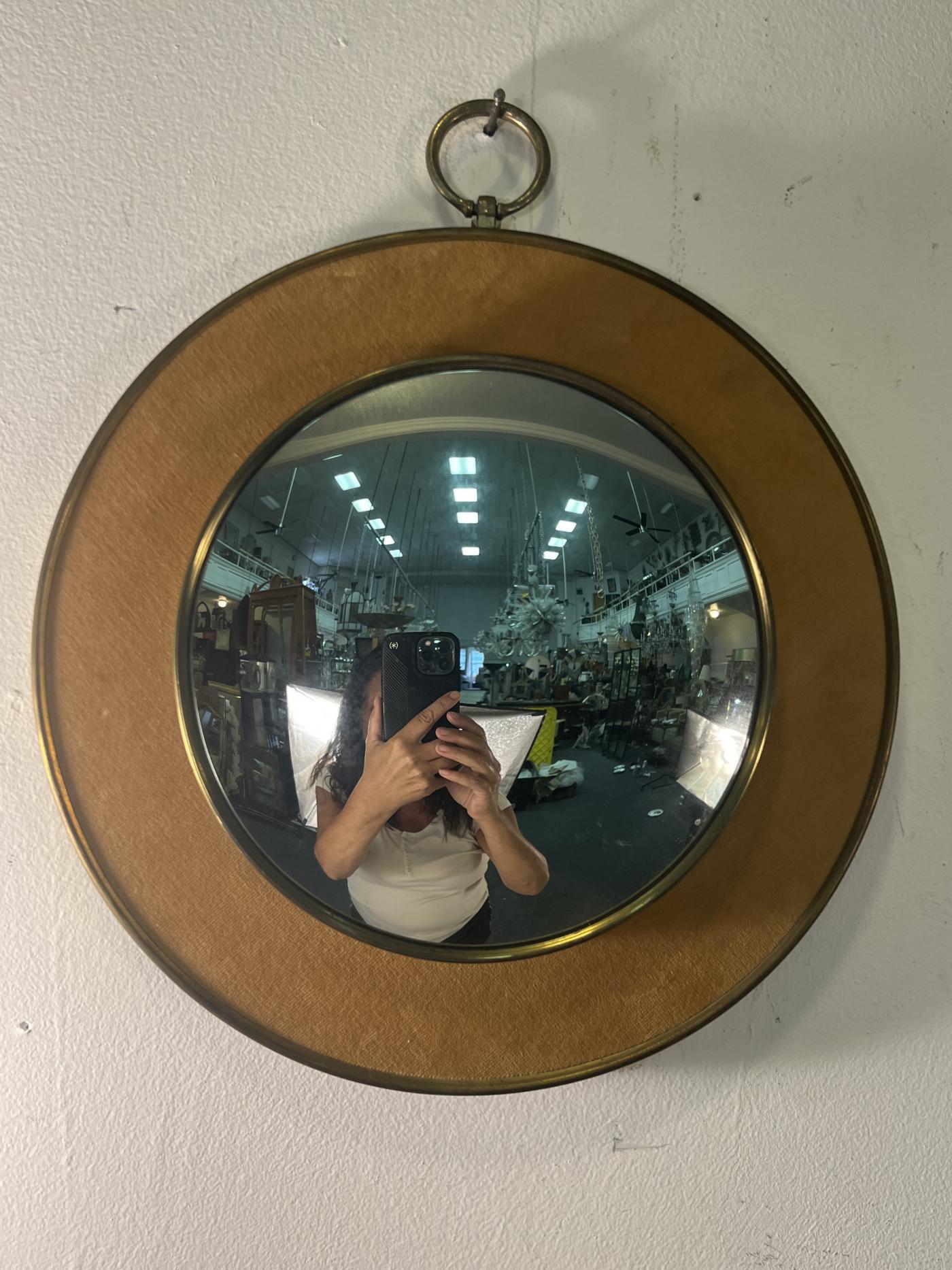 MID CENTURY ROUND VELVET AND BRASS CONVEX MIRROR WITH BRASS RING