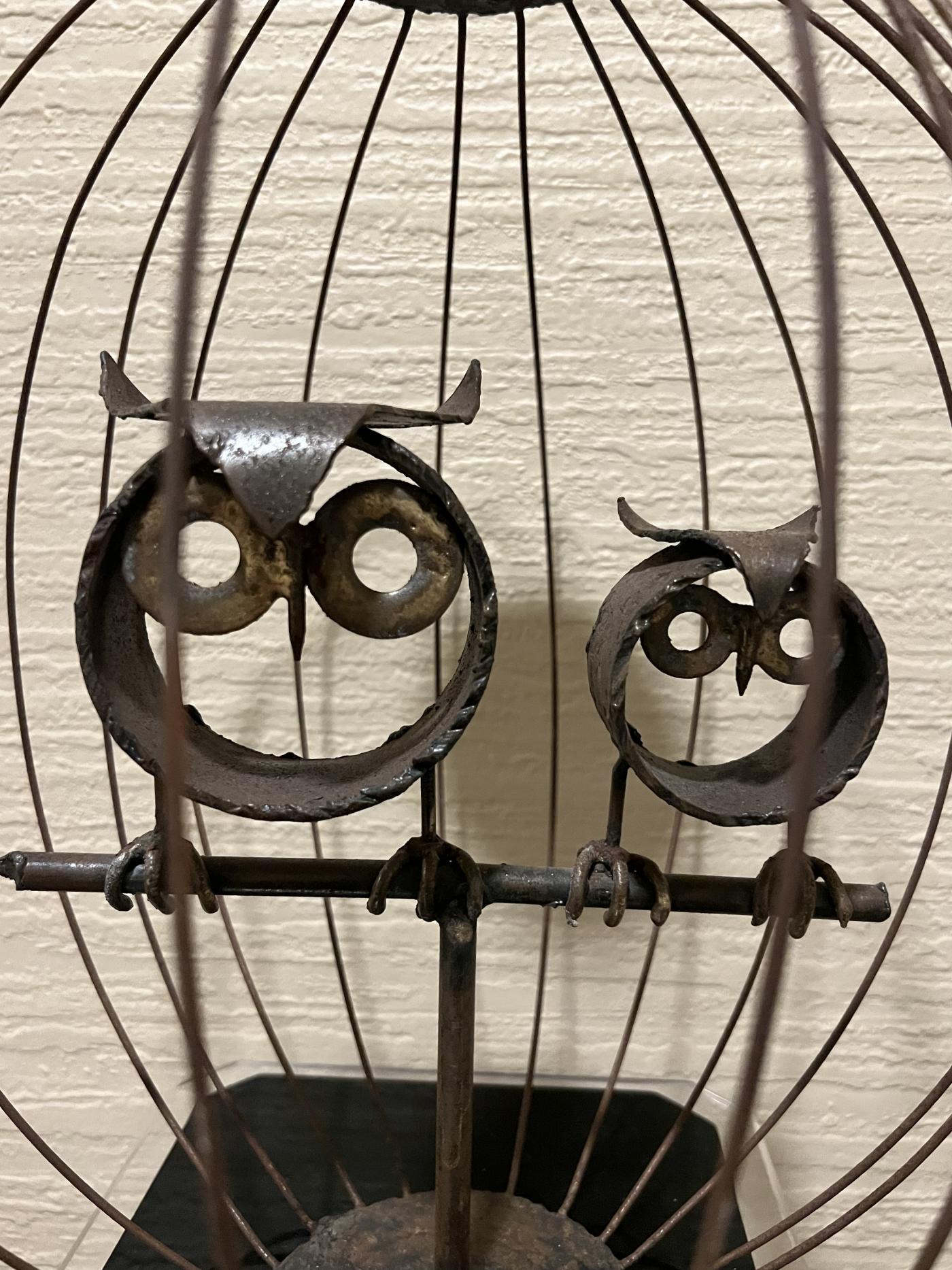 MIXED METALS BRUTALIST OWLS IN CAGE SCULPTURE