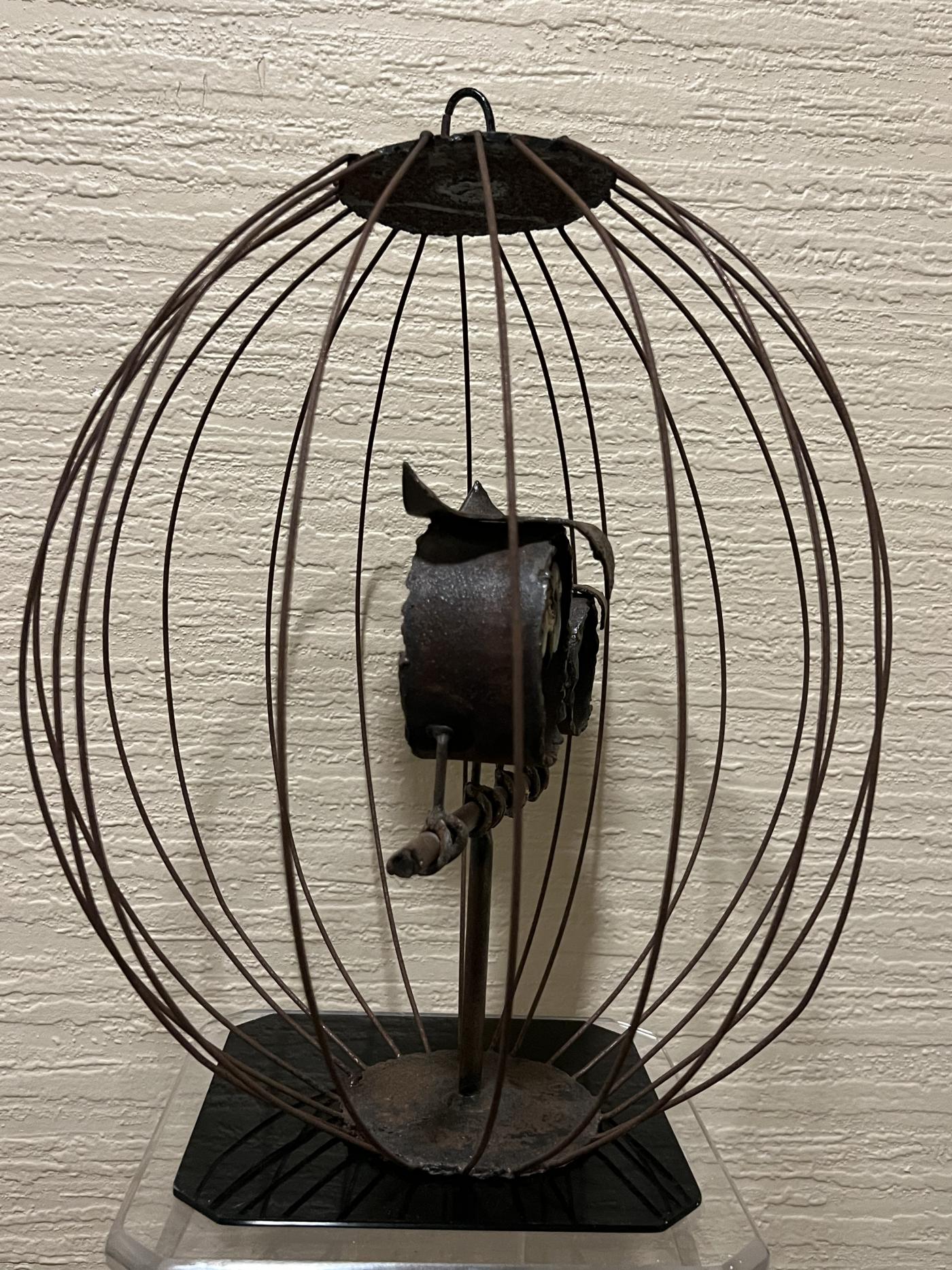 MIXED METALS BRUTALIST OWLS IN CAGE SCULPTURE