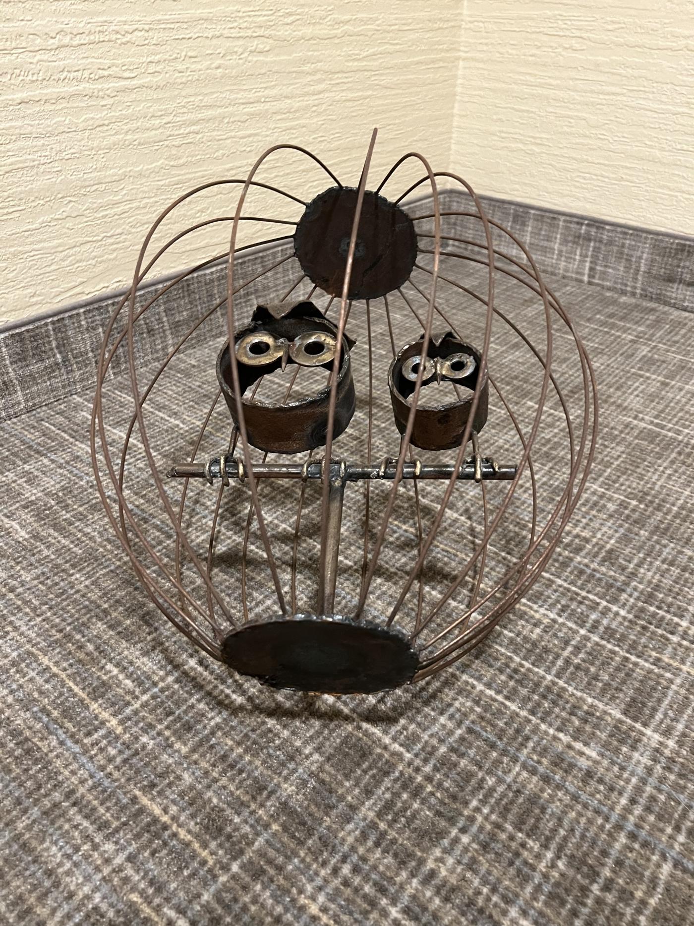 MIXED METALS BRUTALIST OWLS IN CAGE SCULPTURE