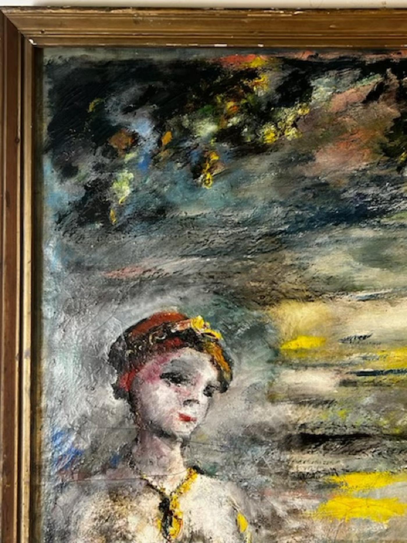 MONUMENTAL 19TH CENTURY PAINTING OF TWO LADIES ON VERANDA PLAYING MANDOLIN