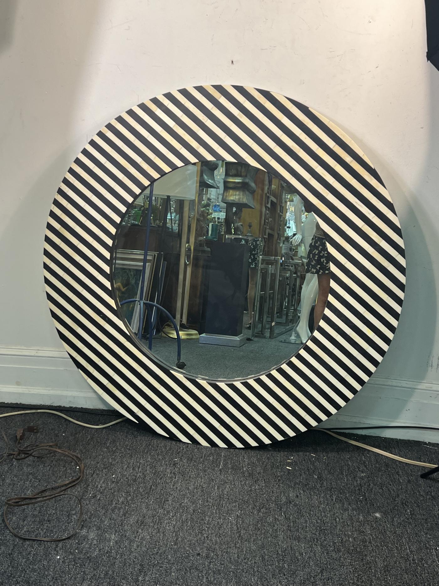 MONUMENTAL POST MODERN BLACK & WHITE STRIPED TESSELATED RESIN ROUND MIRROR