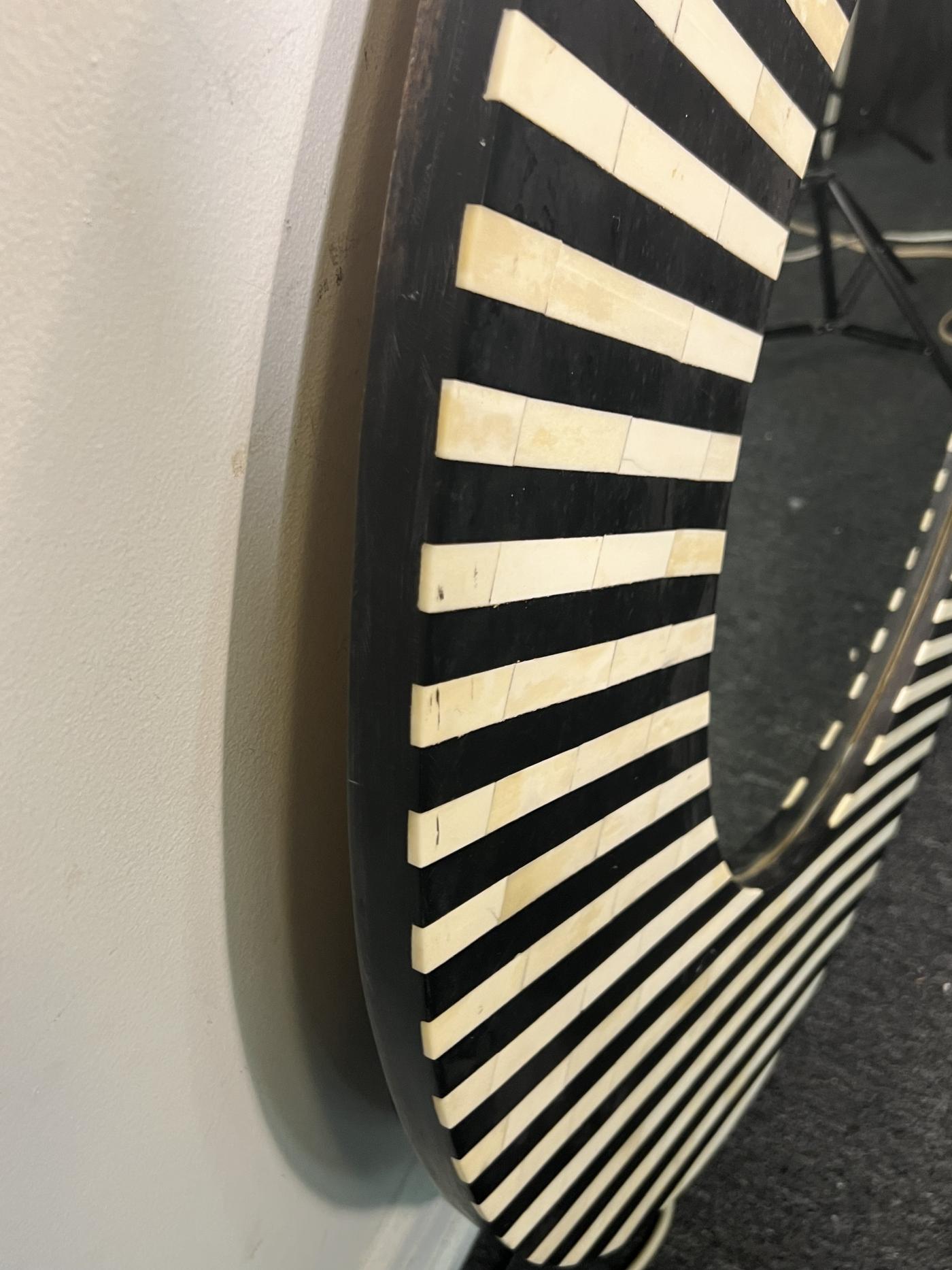 MONUMENTAL POST MODERN BLACK & WHITE STRIPED TESSELATED RESIN ROUND MIRROR