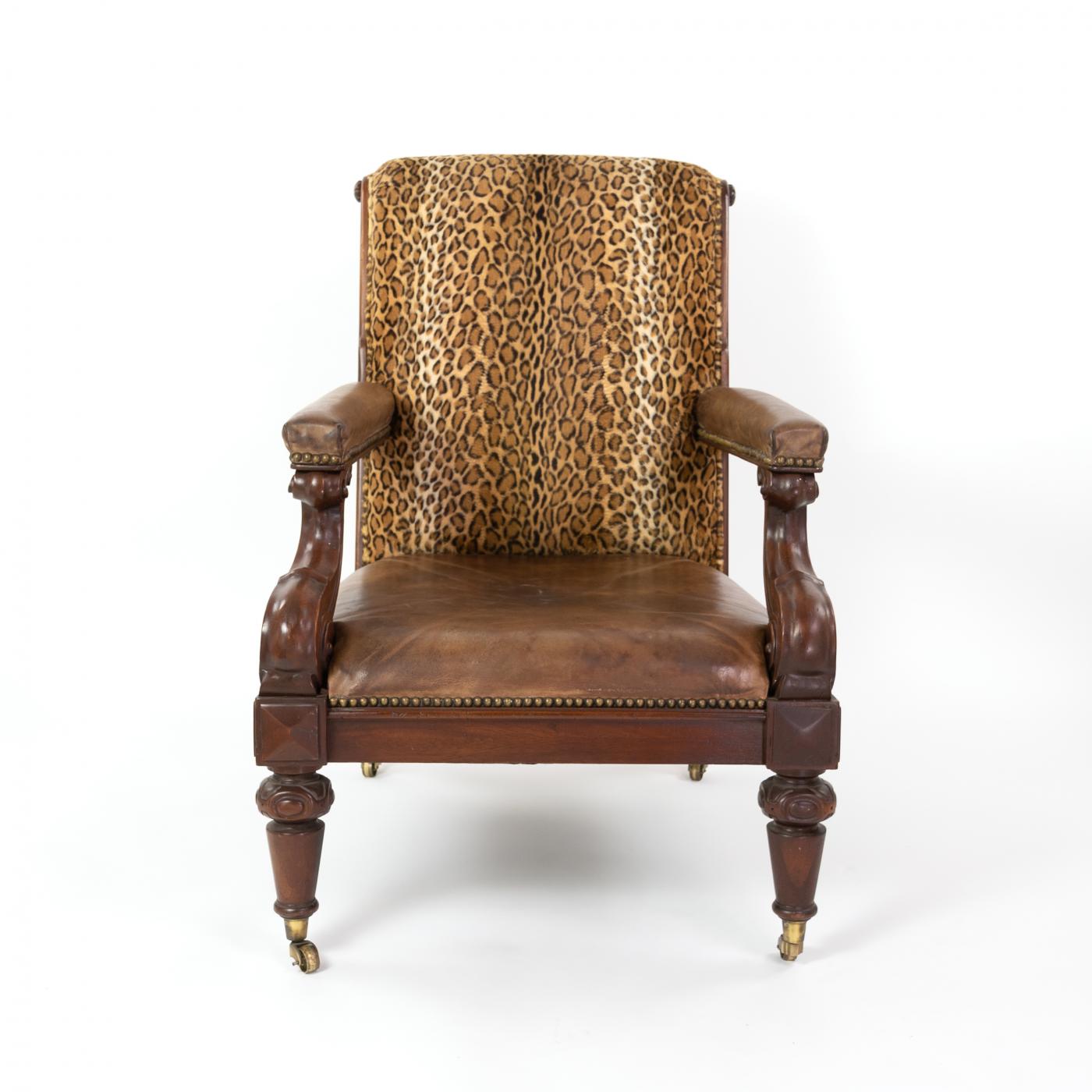 Mahogany Club Chair Upholstered in Leather & Faux Leopard; English ...