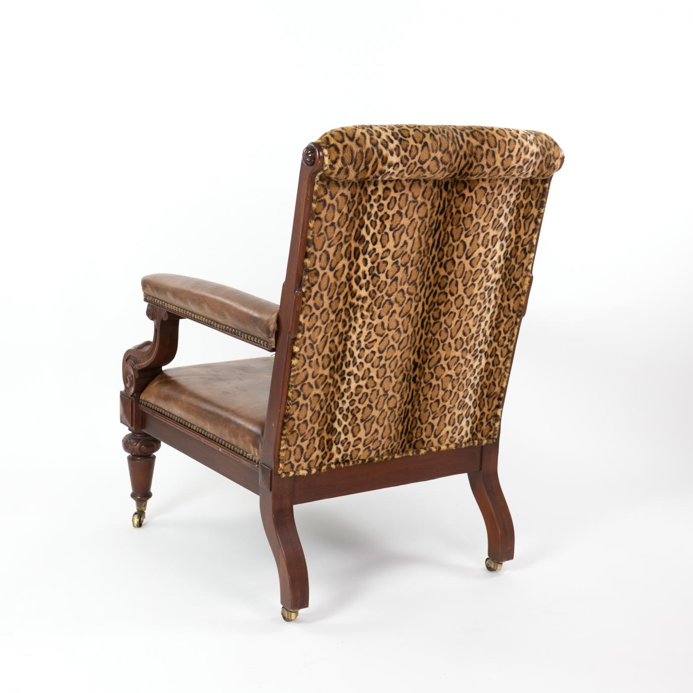 Mahogany Club Chair Upholstered in Leather & Faux Leopard; English ...