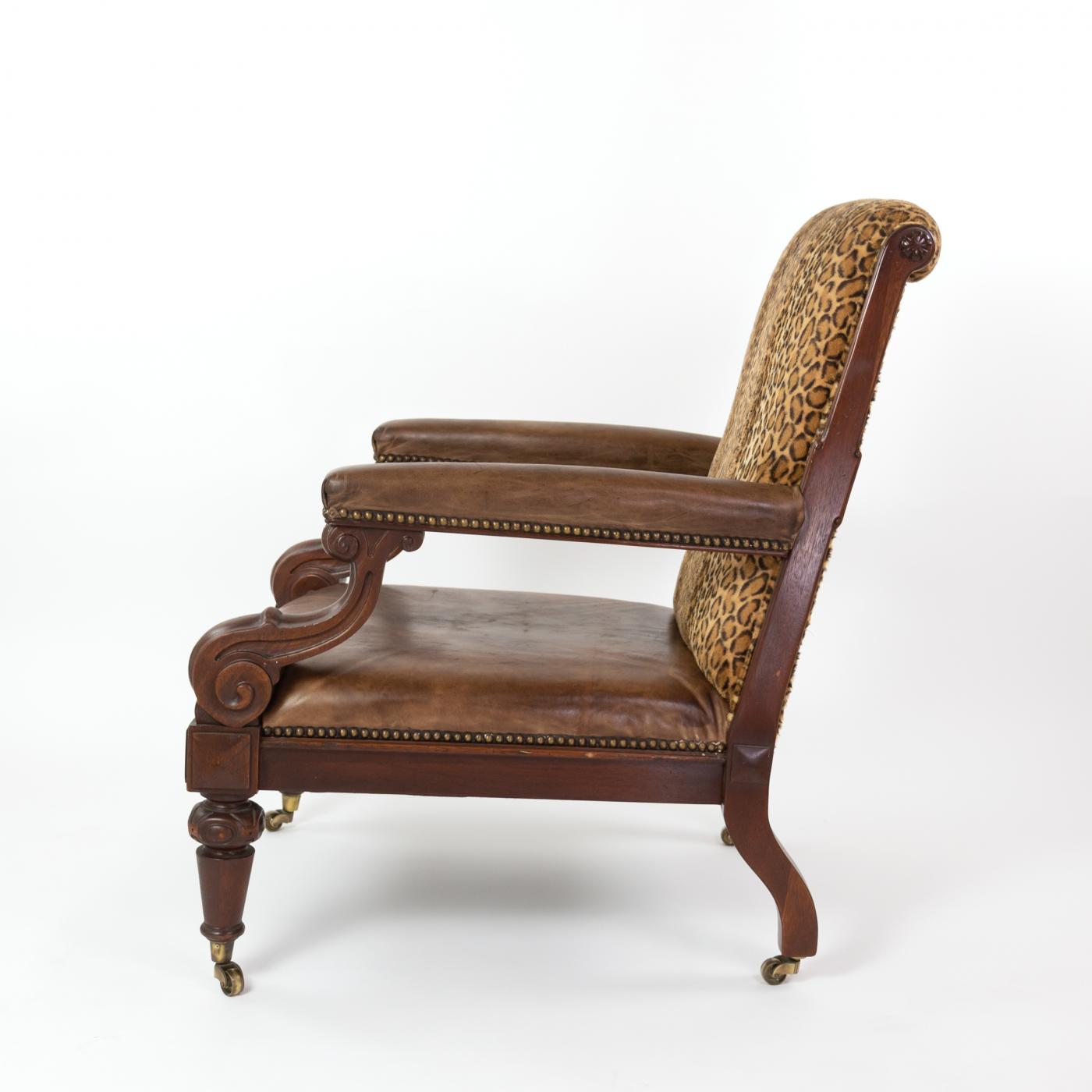 Mahogany Club Chair Upholstered in Leather & Faux Leopard; English ...