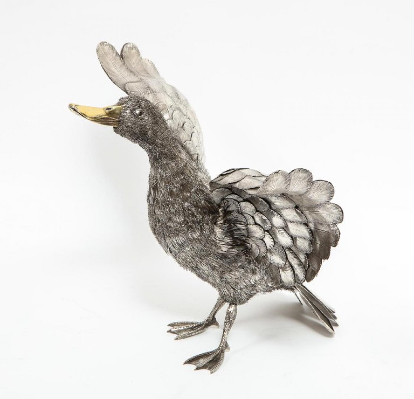 Mario Buccellati, Rare and Exceptional Italian Silver Furry Standing Duck